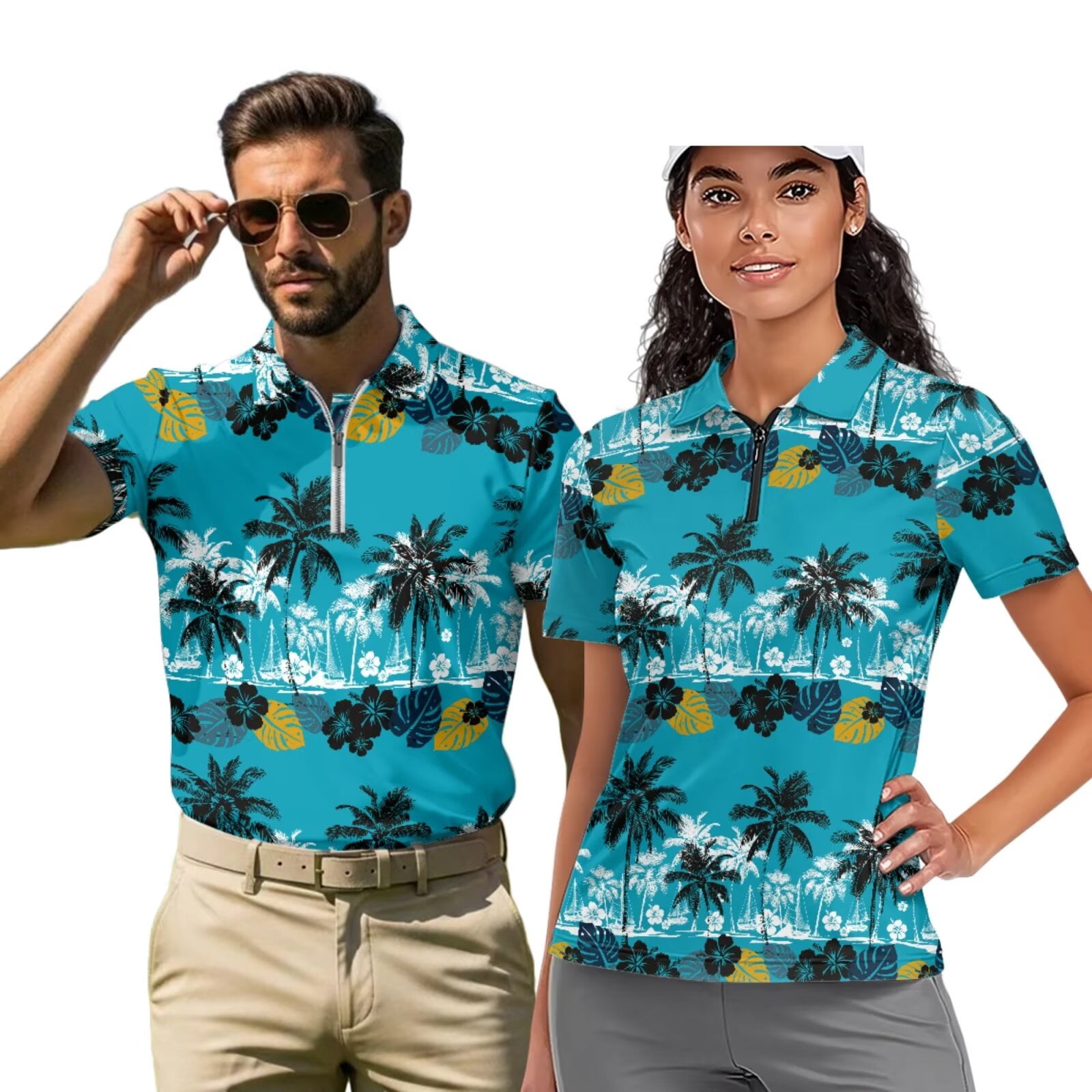 Binienty Palm Tree Couple Matching Outfits with Zipper Neck Relaxed ...