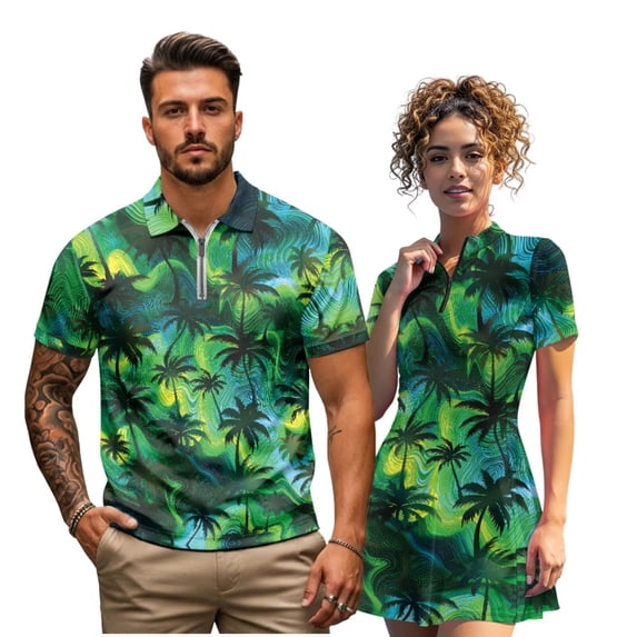 Binienty Palm Tree His and Hers Golf Outfit Set Fashion Short Sleeve ...