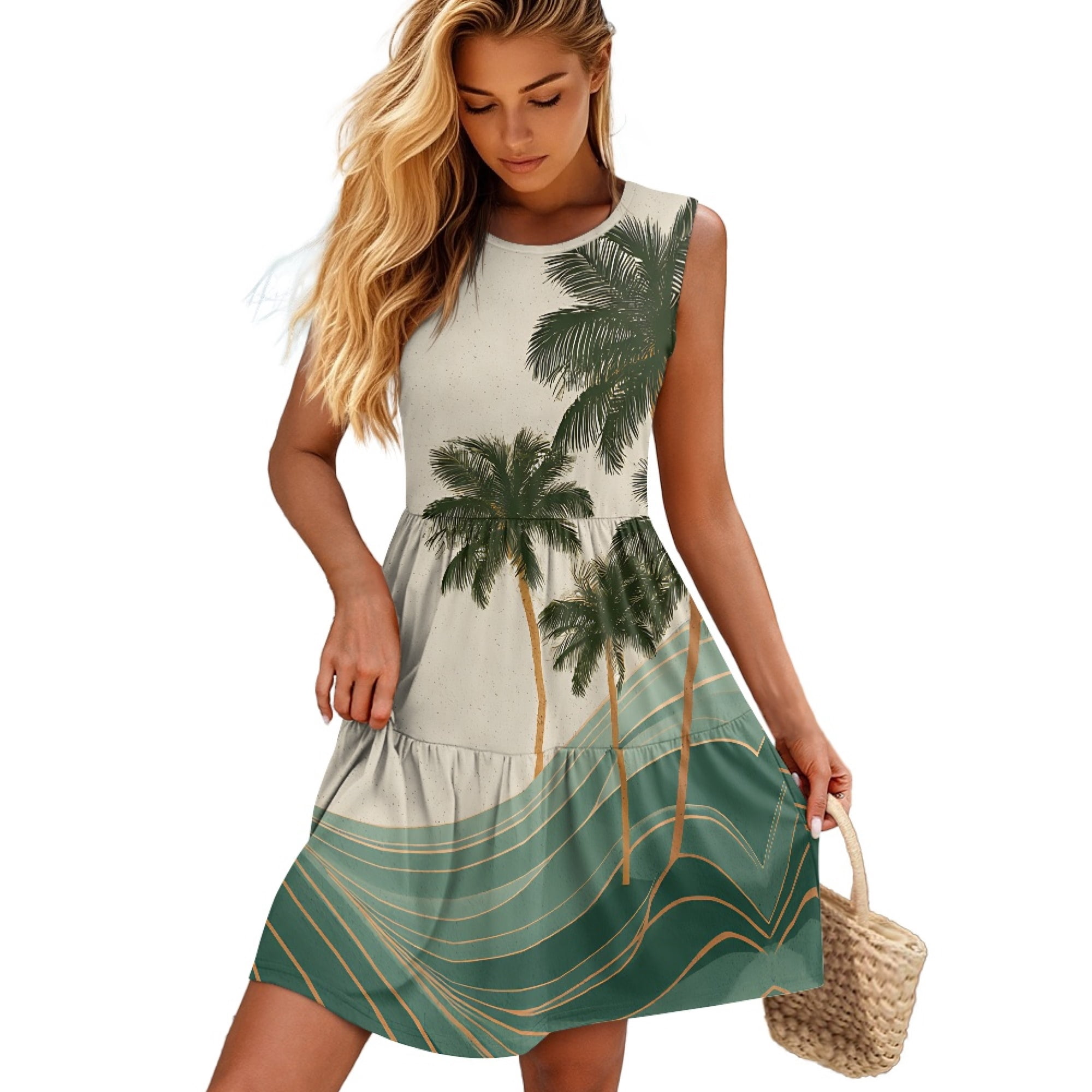 Binienty Palm Tree Print Round Neck Sleeveless Mini Dress, Casual Flowy ...