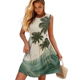Binienty Palm Tree Print Round Neck Sleeveless Mini Dress, Casual Flowy ...