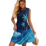 Binienty Palm Tree Sleeveless Mini Dress, Patchwork Tank Sundress with ...