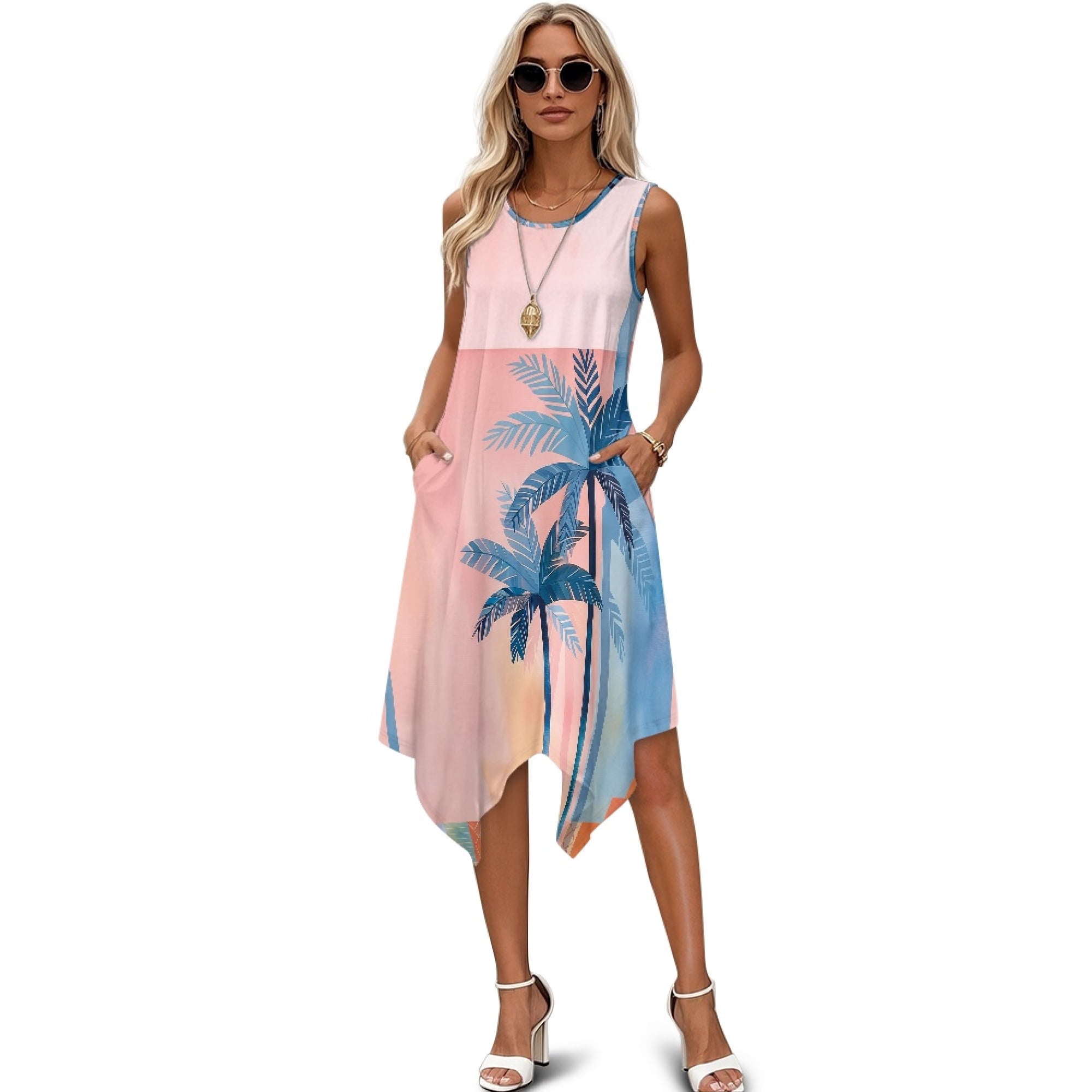 Binienty Palm Tree Sleeveless Sundress, with Side Pockets Summer ...