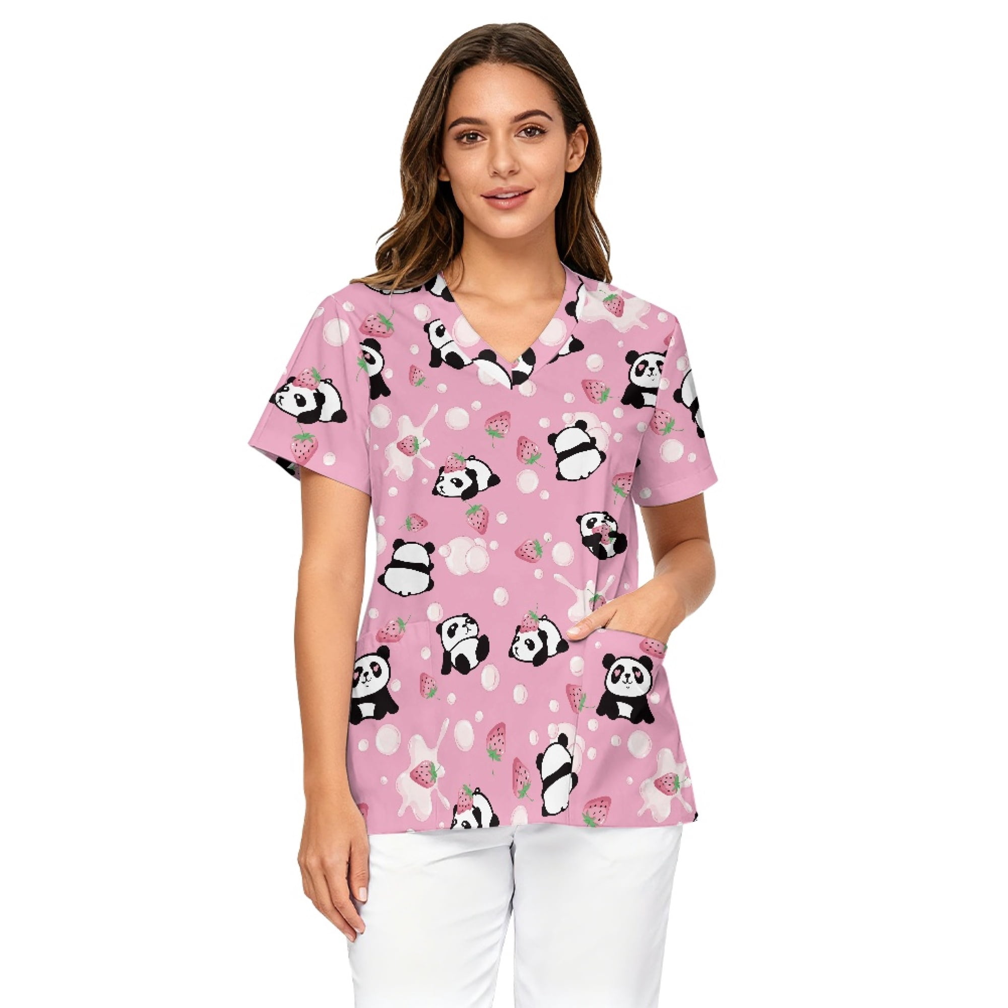 Binienty Panda Strawberry Pink Pattern Scrub Tops for Women Breathable ...