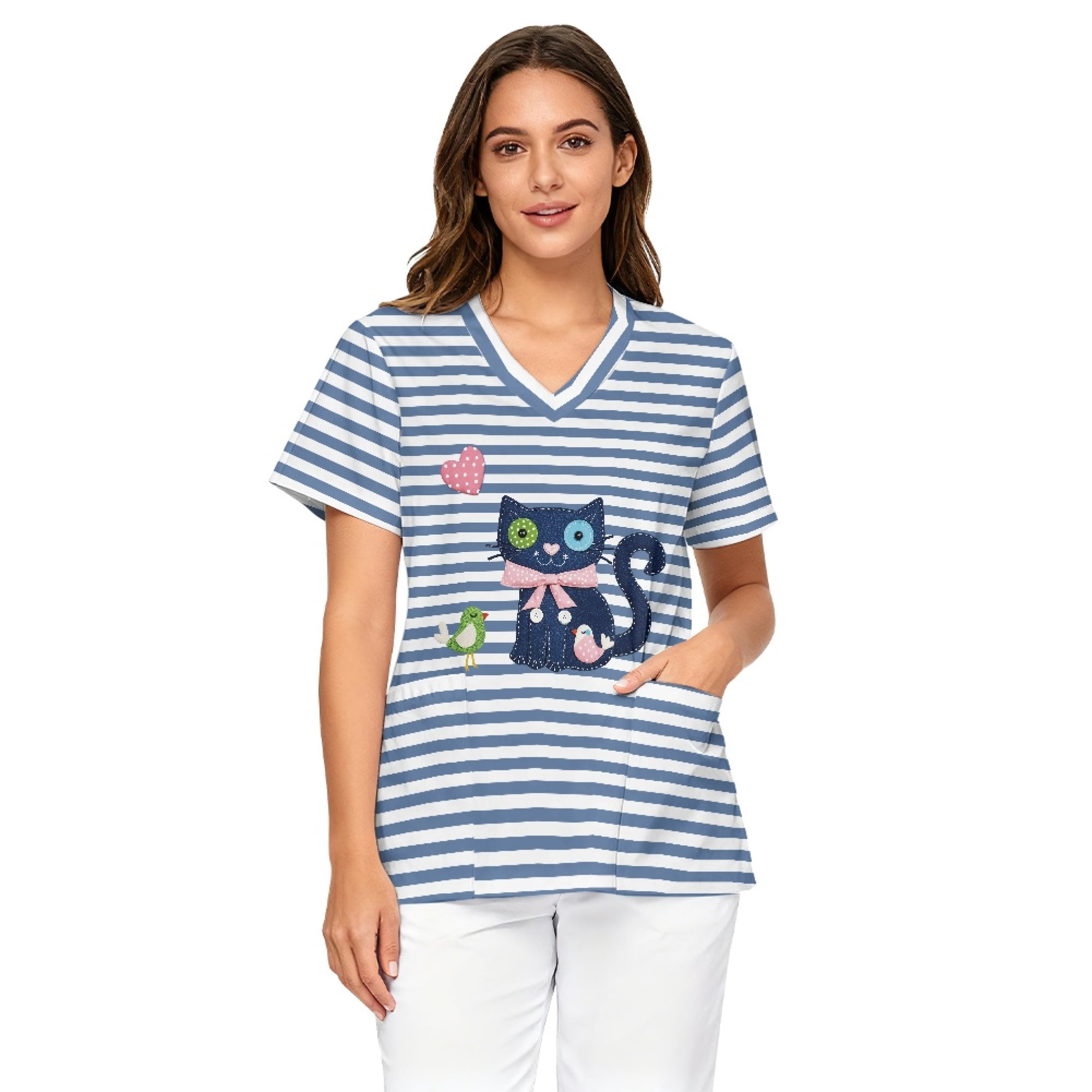 Binienty Patchwork Cat Birds Medical Uniform for Women Short Sleeve V ...