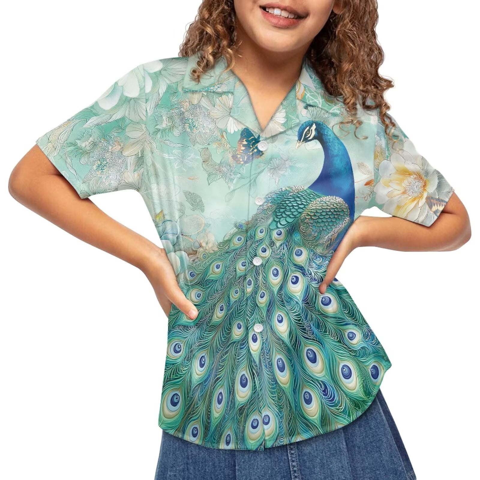 Binienty Peacock Kids Button Down Shirt Breathable Girls Button Up ...