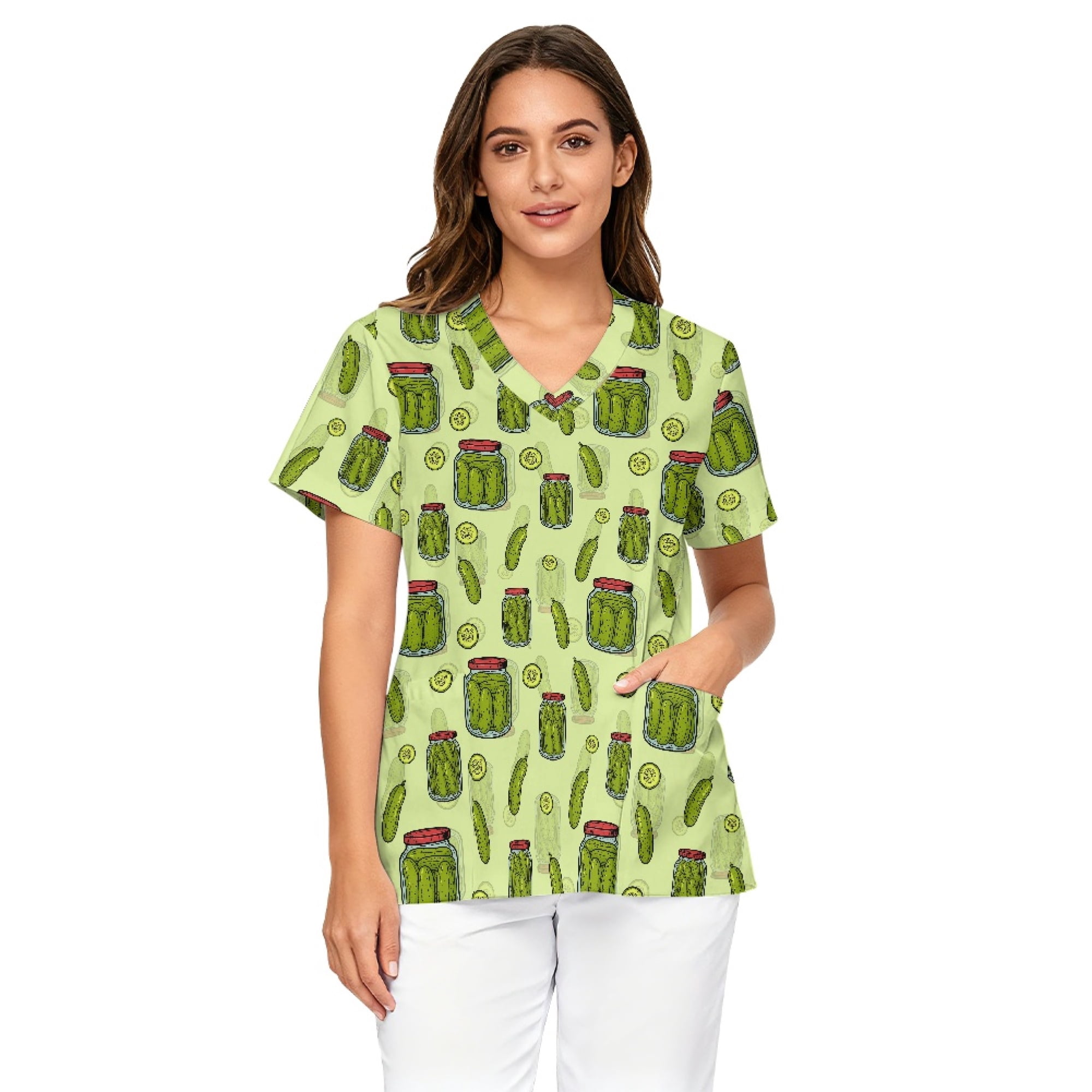 Binienty Pickle Can and Slice Pattern Scrub Top for Women Breathable ...