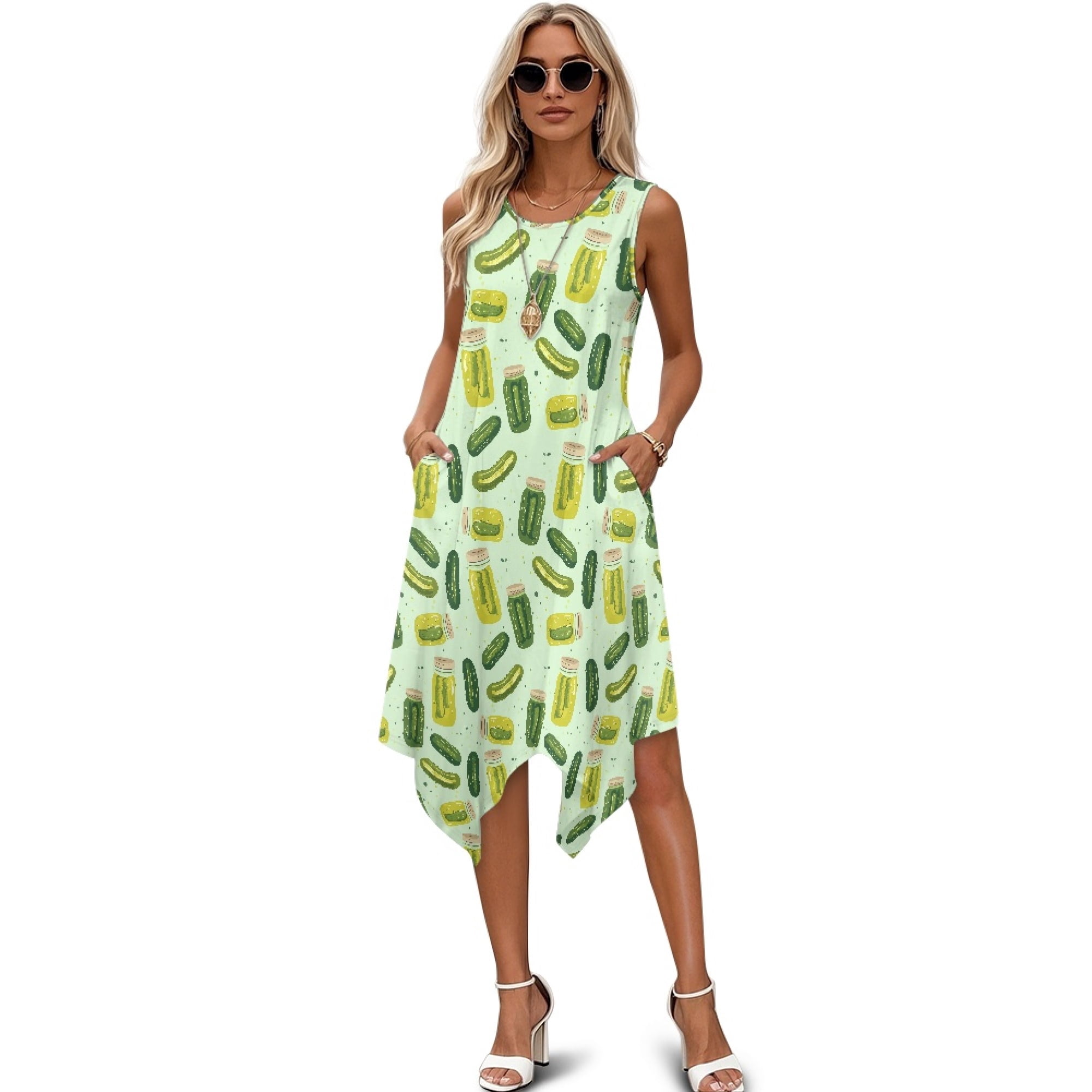 Binienty Pickle Jar Pattern Women Sleeveless Casual Dress, Side Pockets ...