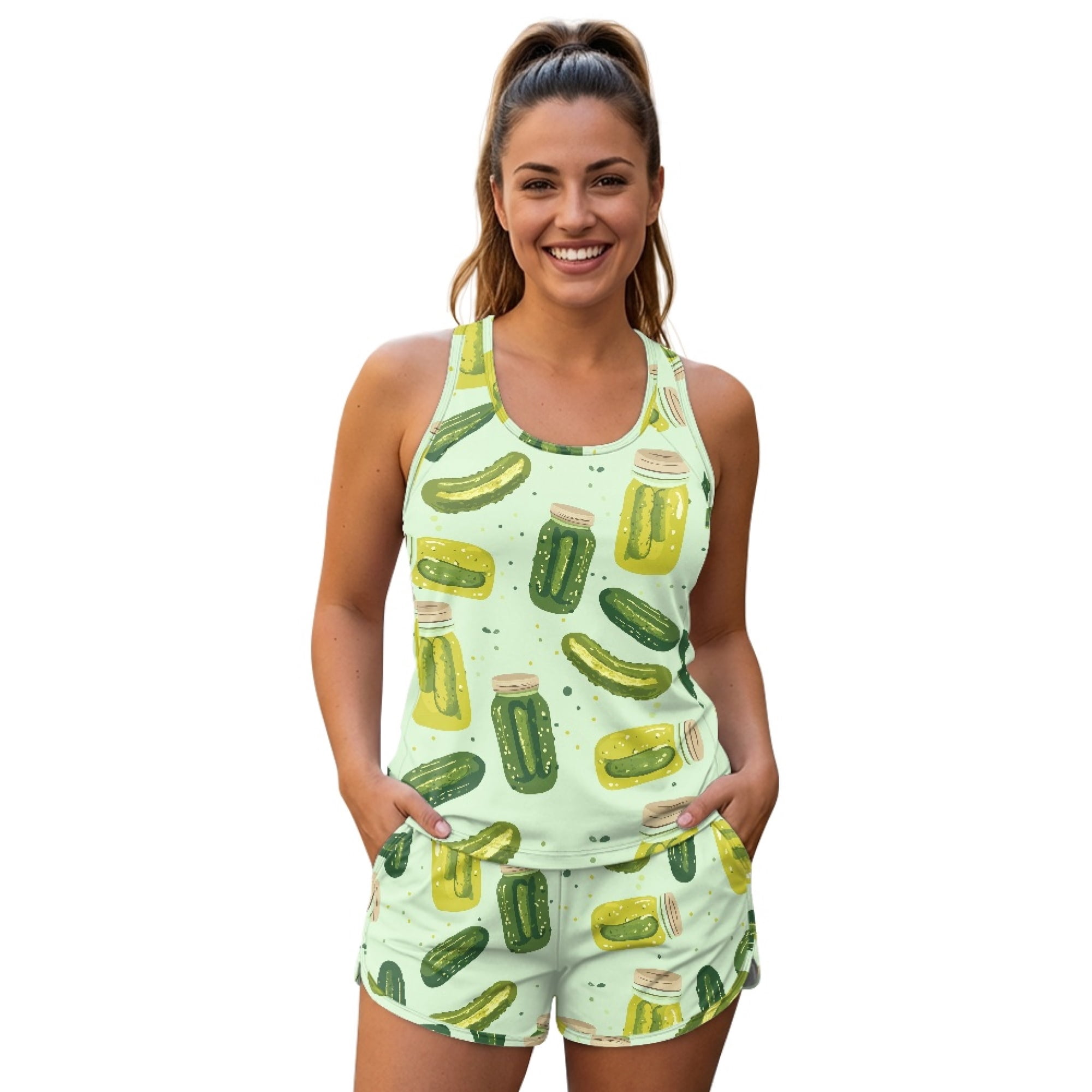 Binienty Pickle Jar Print Women's Tankini Shorts Set, Removable Chest ...