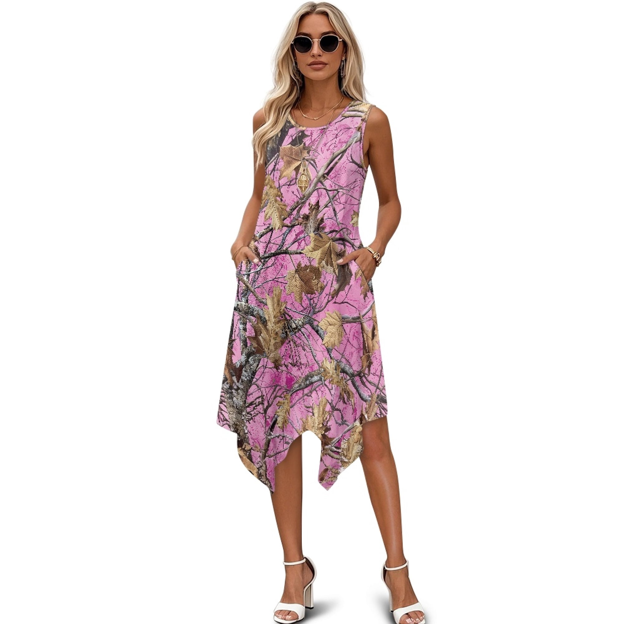 Binienty Pink Camouflage Leaf Print Sleeveless Sundress, Asymmetric Hem ...