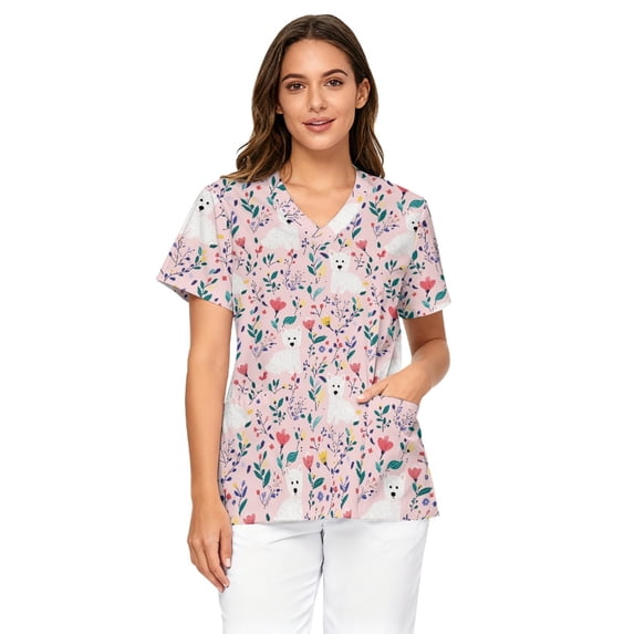 Binienty Pink Floral with Dogs Nursing Uniform Stretchy Breathable ...