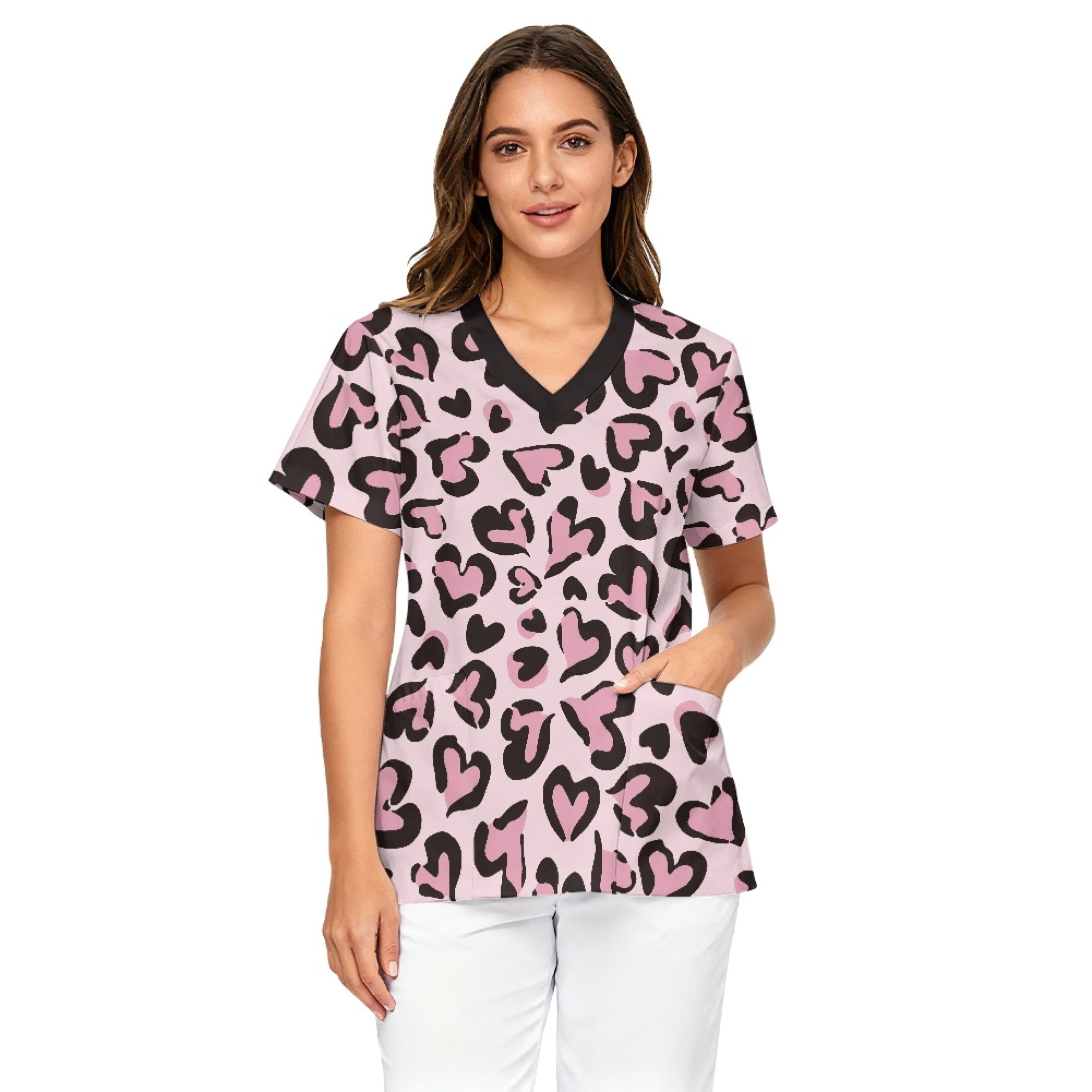 Binienty Pink Heart Leopard Print Scrub Shirt Short Sleeve Stretchy ...