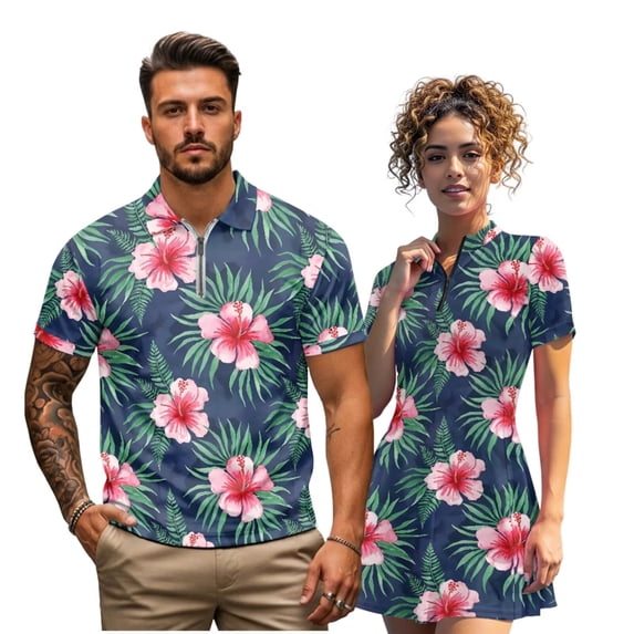 Binienty Pink Hibiscus & Leaf Golf Outfit Set for Couple Fashionable ...