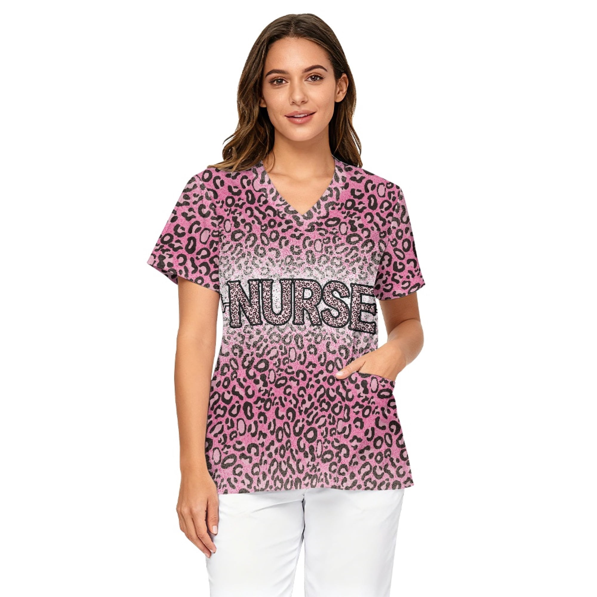 Binienty Pink Leopard Print Healthcare Workwear for Women Breathable V ...