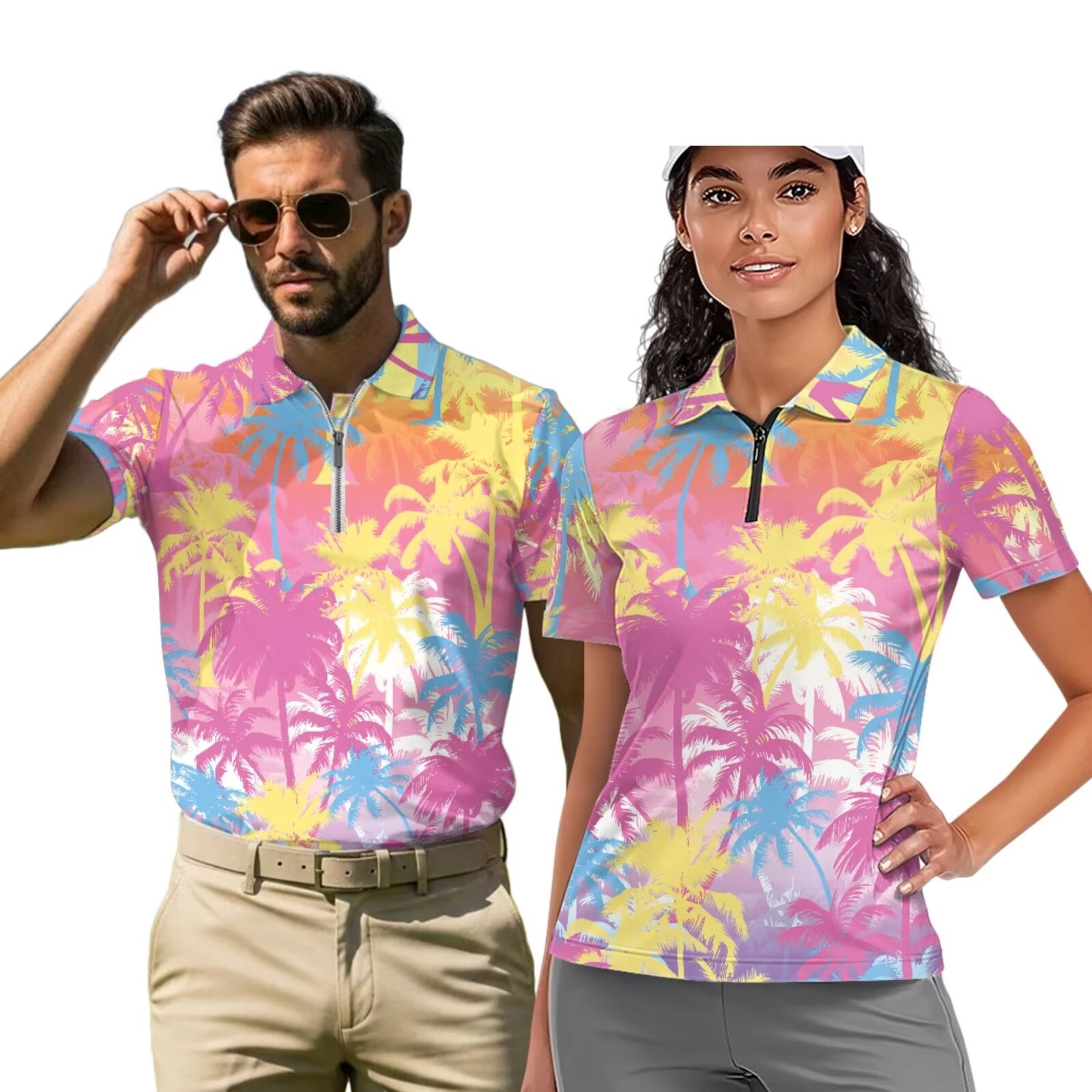 Binienty Pink Palm Tree Matching Couple Golf Shirts Classic Fit Short ...