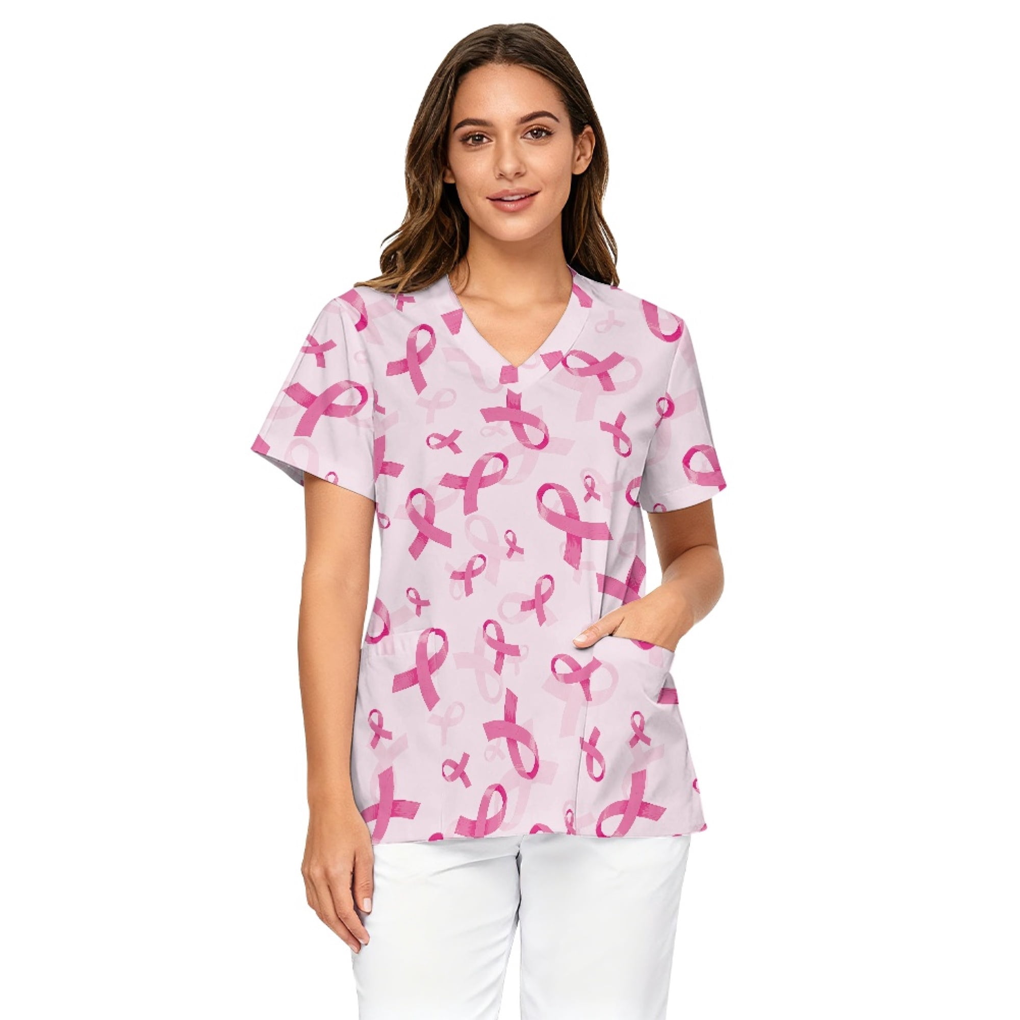Binienty Pink Ribbon Awareness Work Shirt for Women Stretchy V Neck ...
