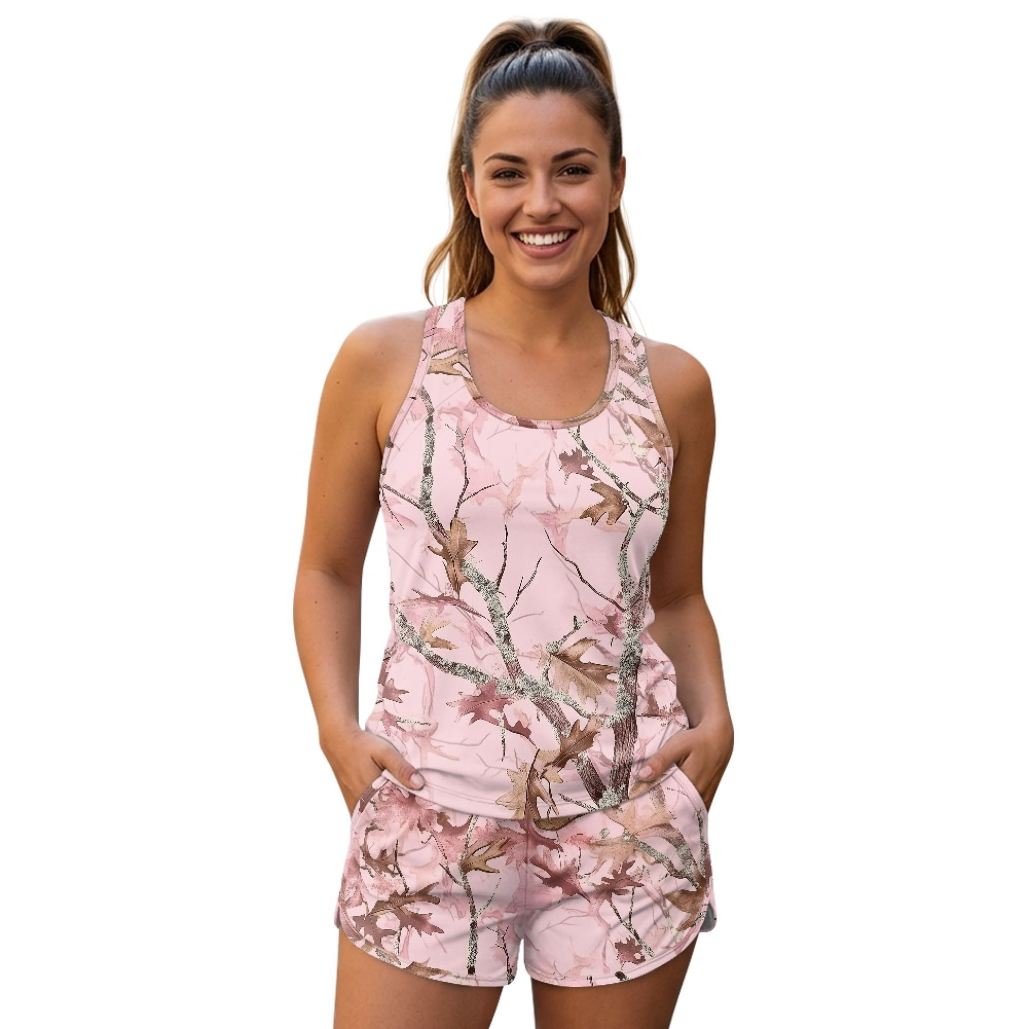 Binienty Pink Tree Branch Camouflage Pattern Tank Top Shorts Outfit ...