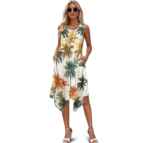 Binienty Pleated Sundress with Palm Tree Pattern, Sleeveless Long Dress ...