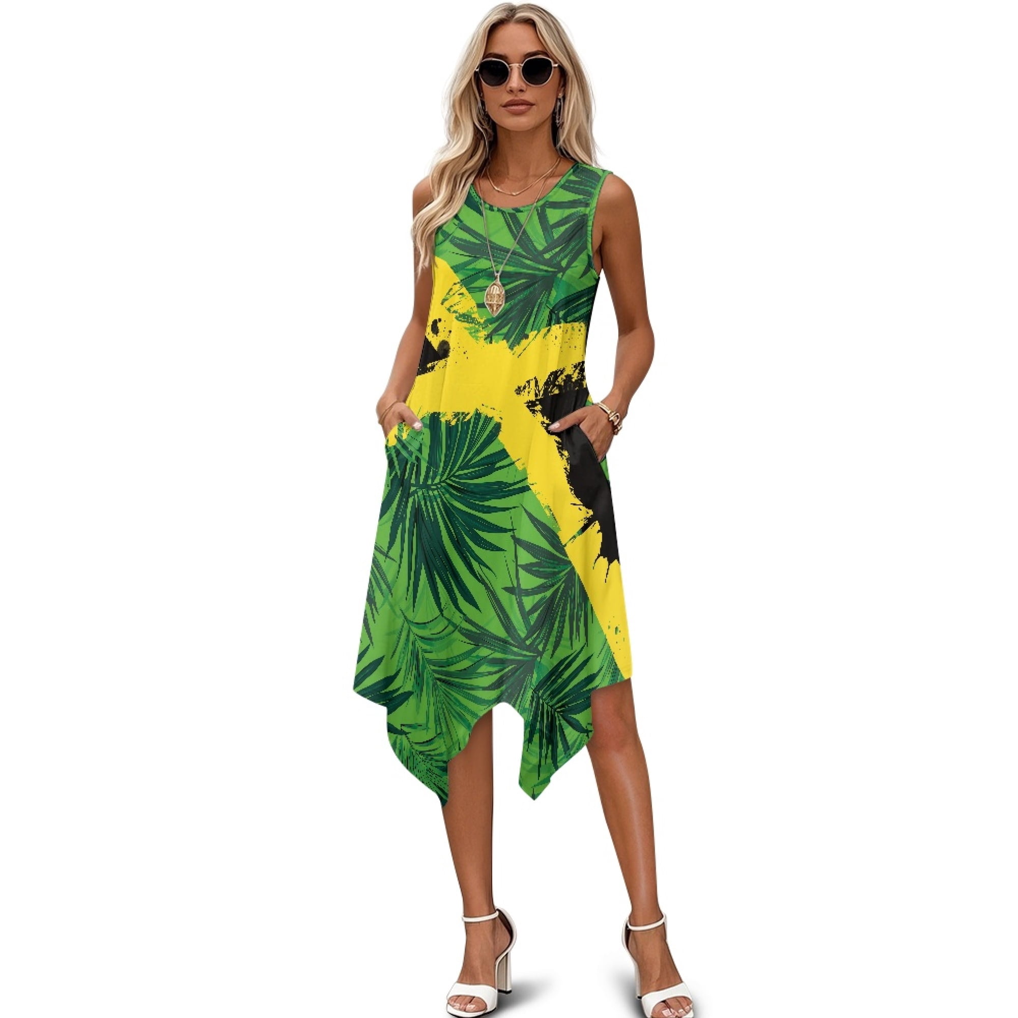 Binienty Pleated Sundress with Tropical Leaf Pattern, Casual Midi Dress ...