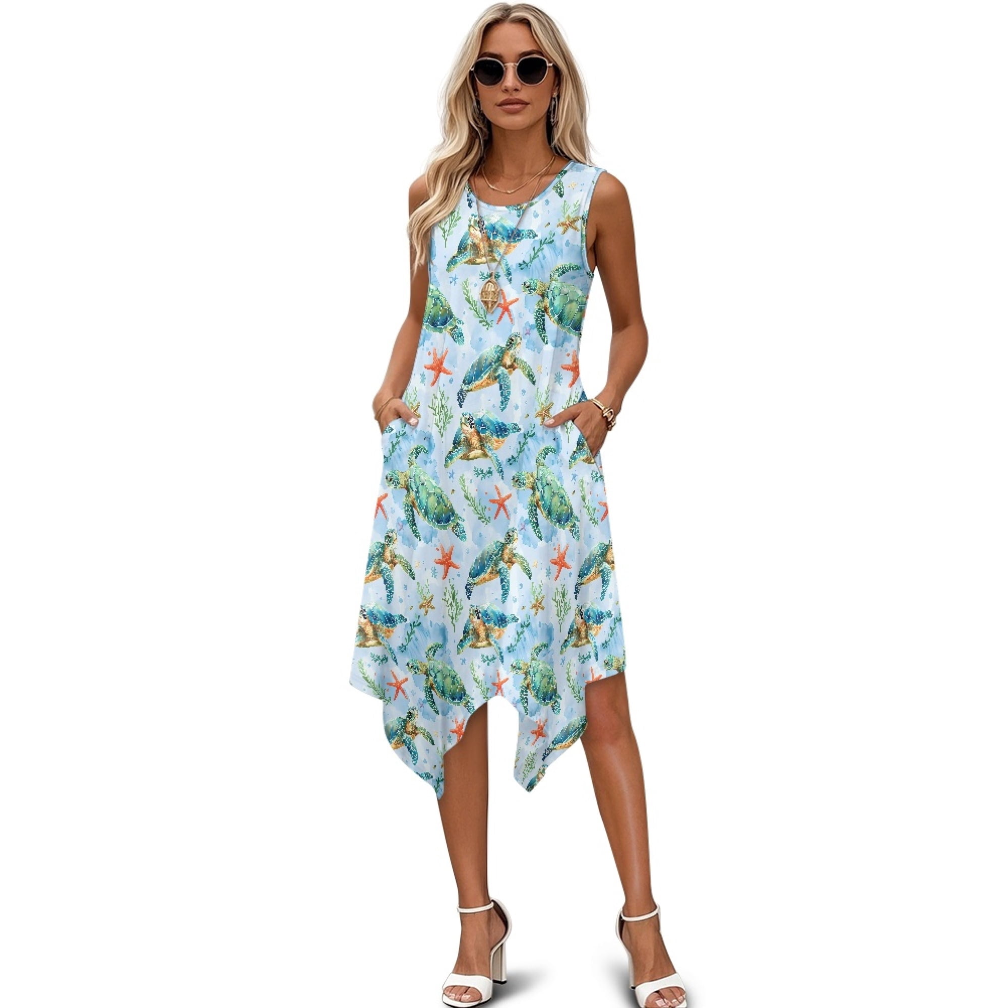 Binienty Pleated Sundress with Turtle Starfish, Summer Sleeveless Midi ...