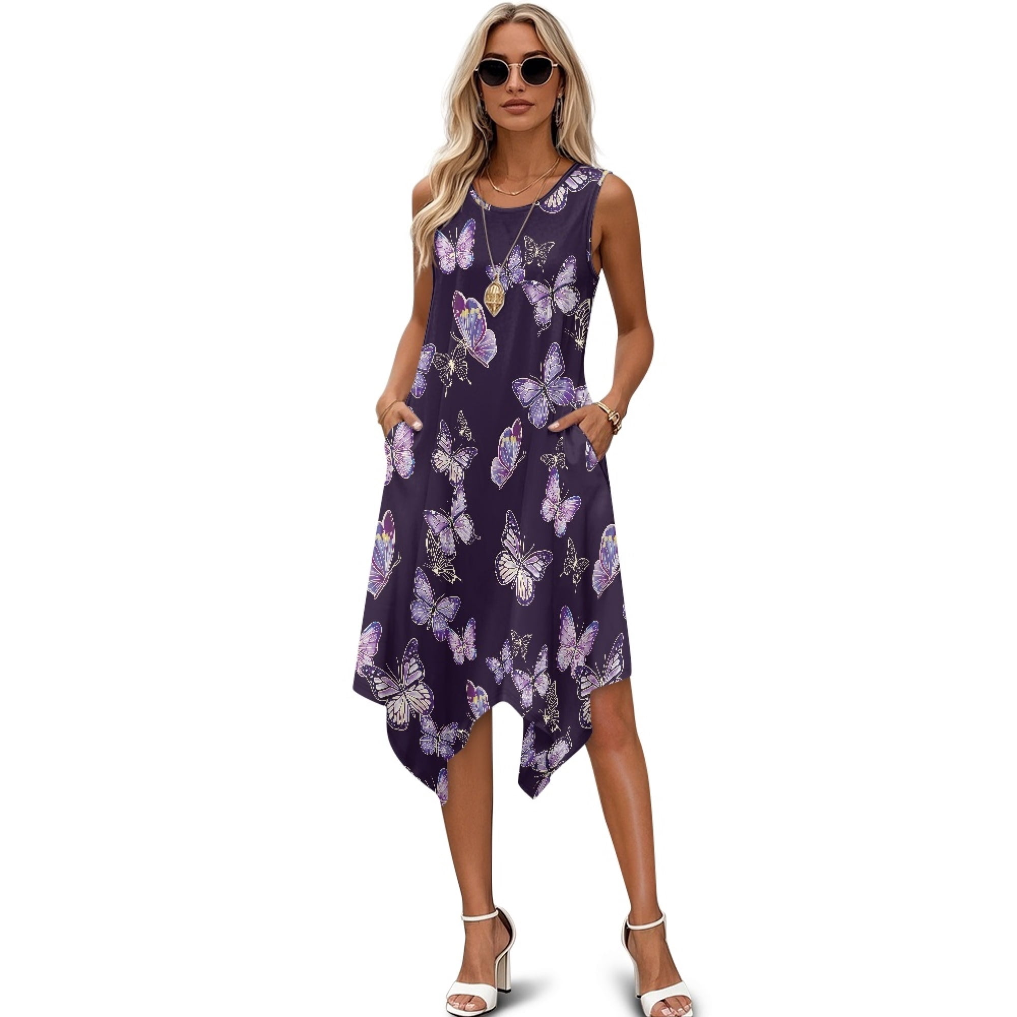 Binienty Purple Butterfly Print Sleeveless Sundress, Asymmetric Hem ...