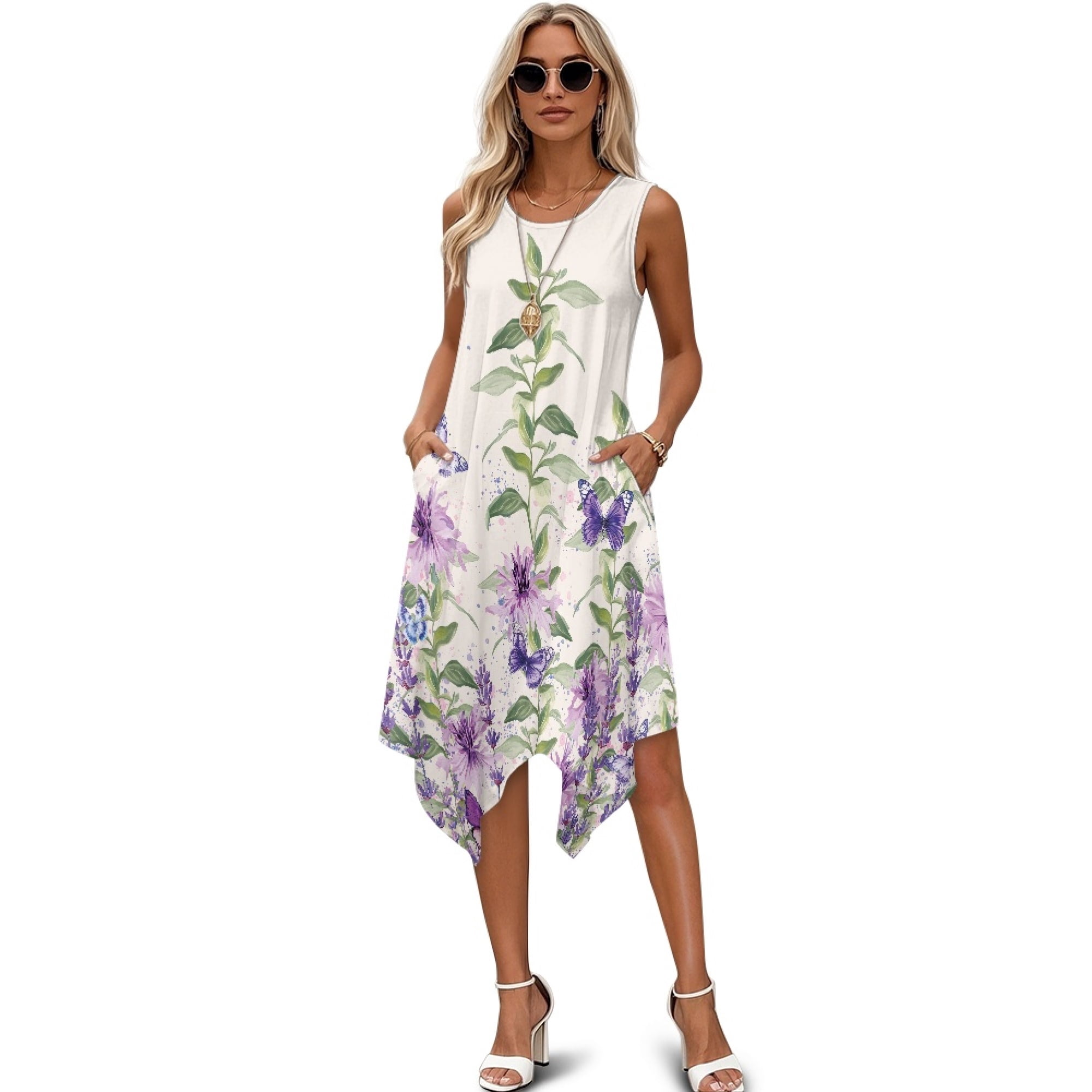 Binienty Purple Floral Butterfly Sleeveless Sundress, Asymmetric Hem ...