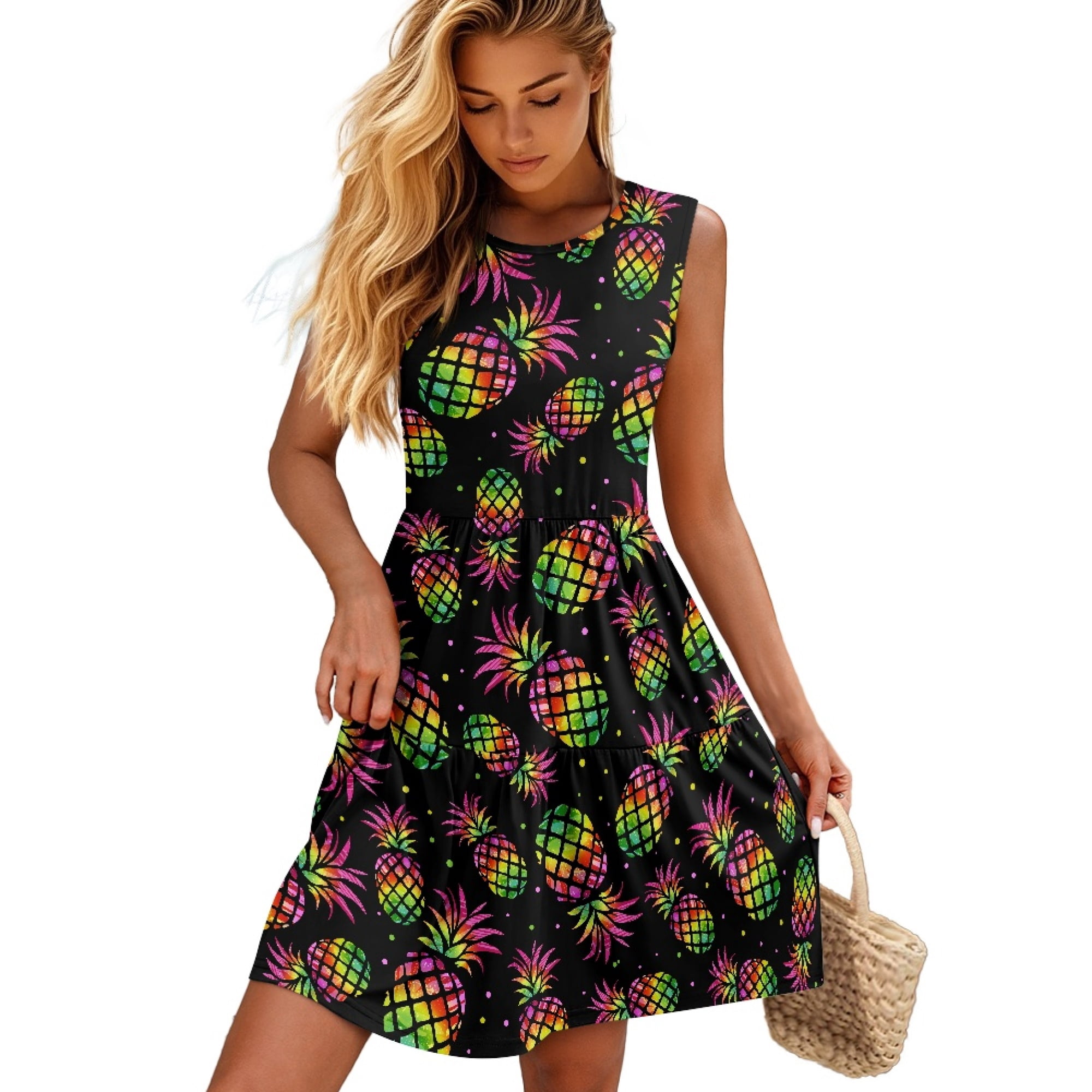 Binienty Rainbow Pineapple Print Round Neck Sleeveless Mini Dress for ...