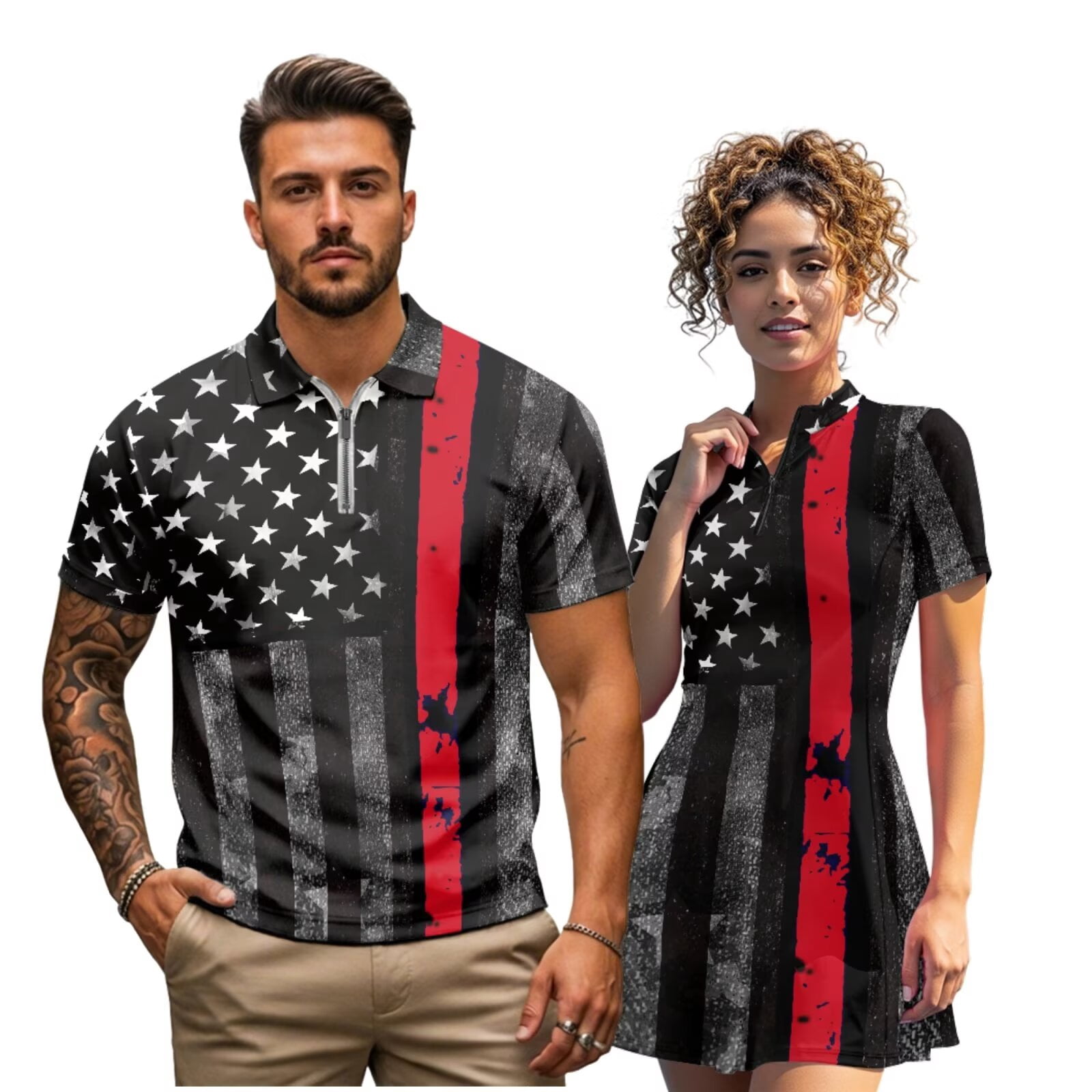 Binienty Red Line American Flag Couples Matching Golf Outfits Casual ...