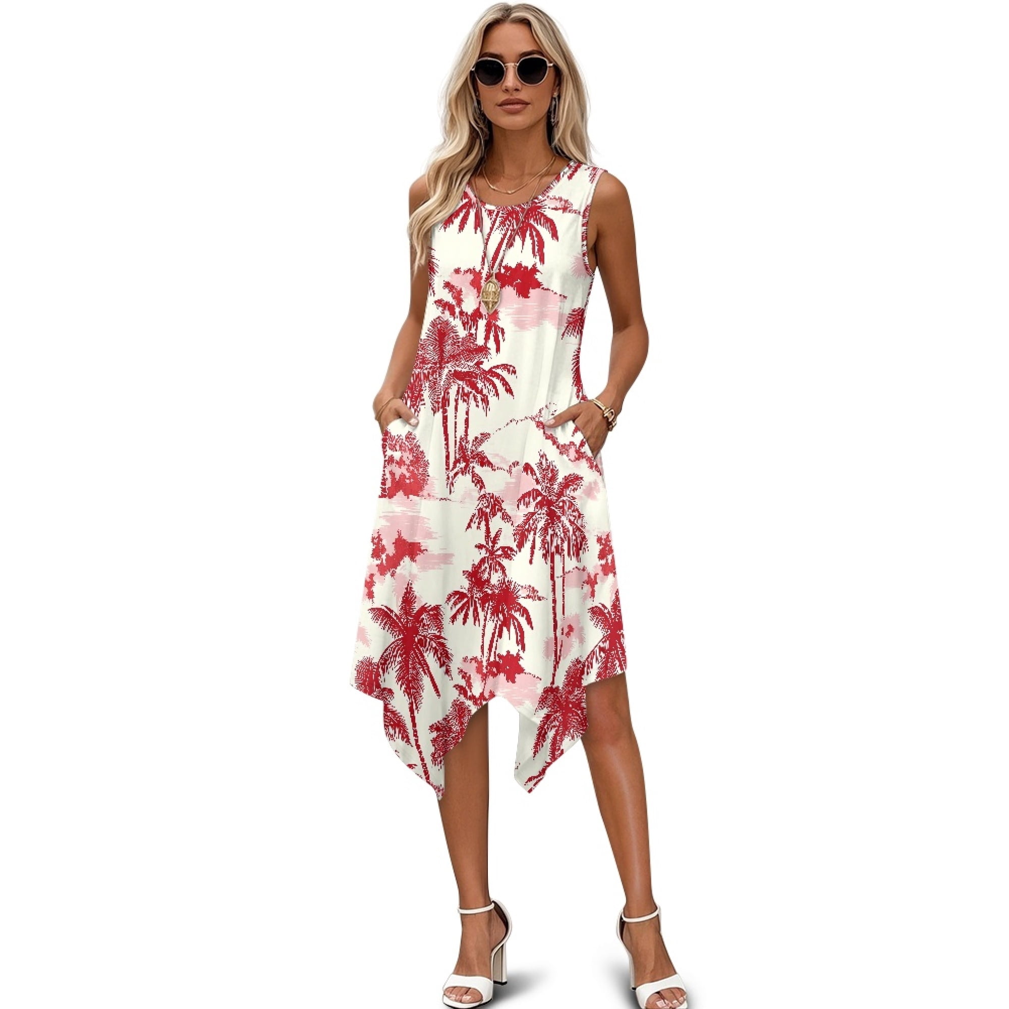Binienty Red Palm Tree Print Sleeveless Swing Pleated Dress, Round Neck ...
