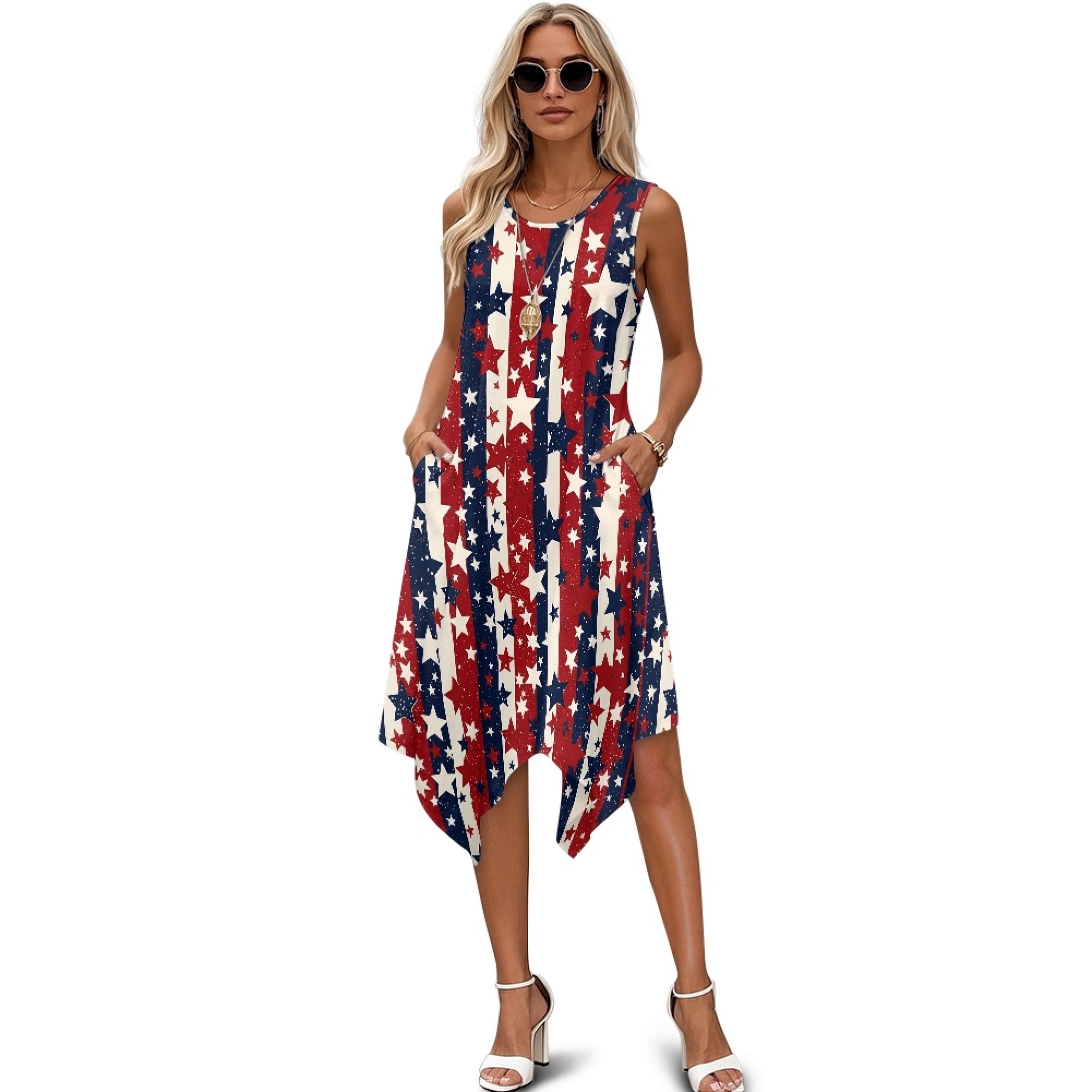 Binienty Retro American Flag Sleeveless Sundress, Side Pockets Ladies ...