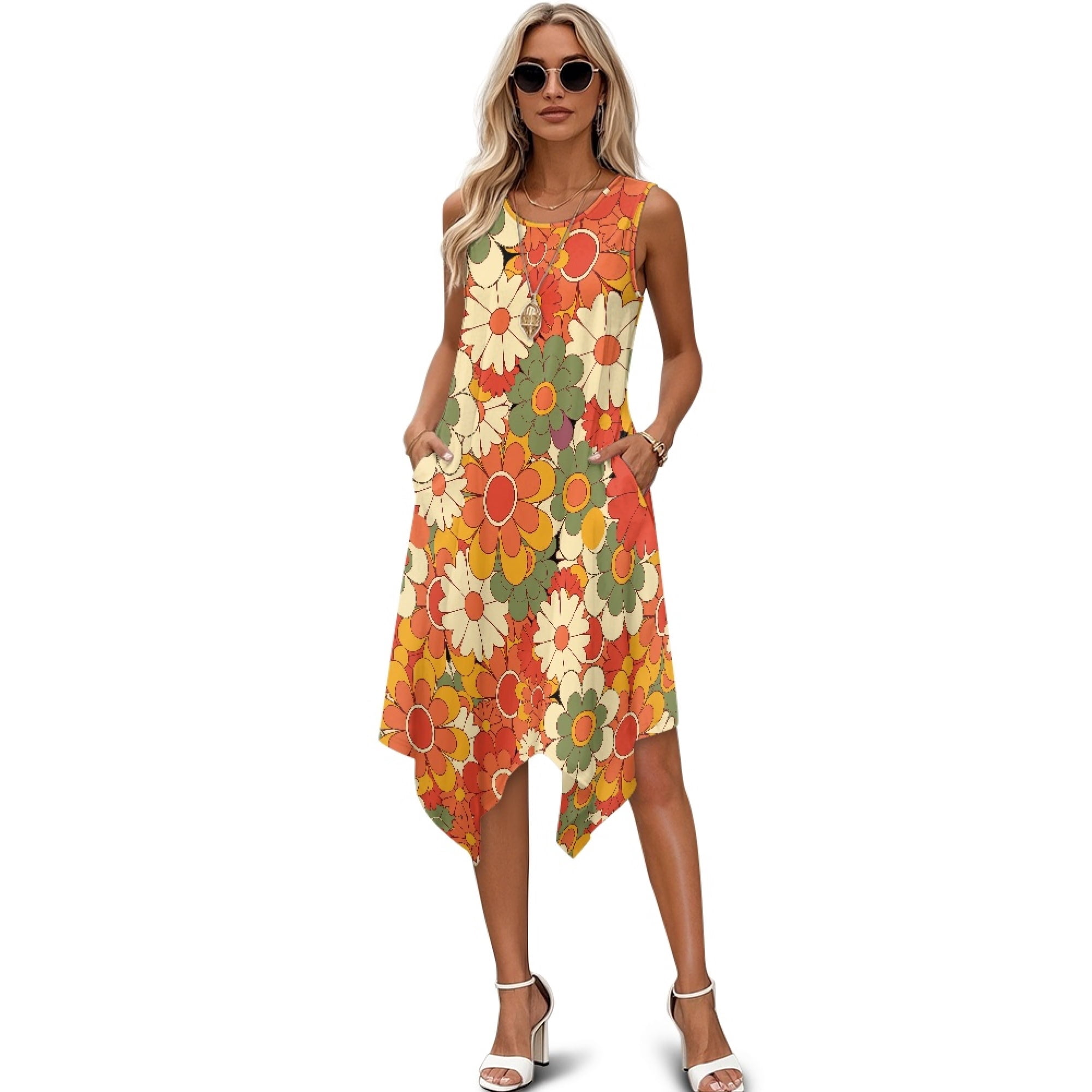 Binienty Retro Floral Print Sleeveless Sundress, with Side Pockets ...