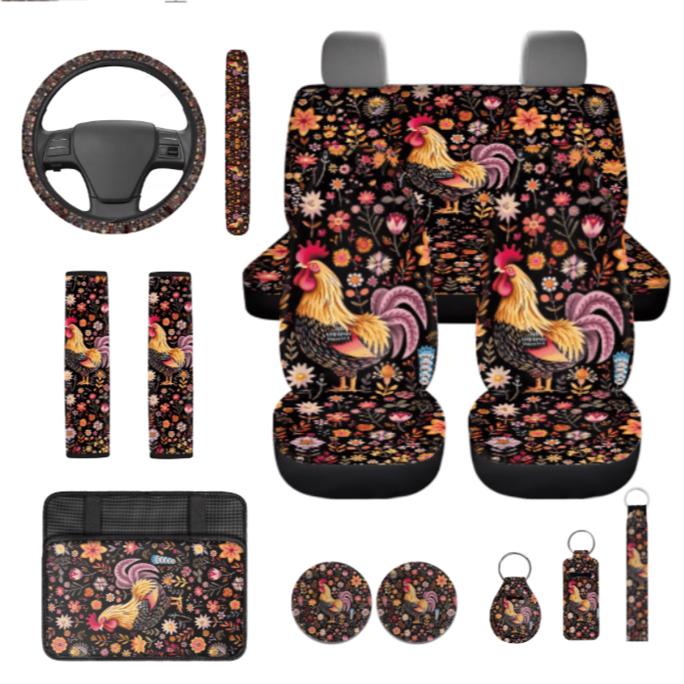 Binienty Rooster Flowers Car Seat Cover Full Set, with Steering Wheel ...