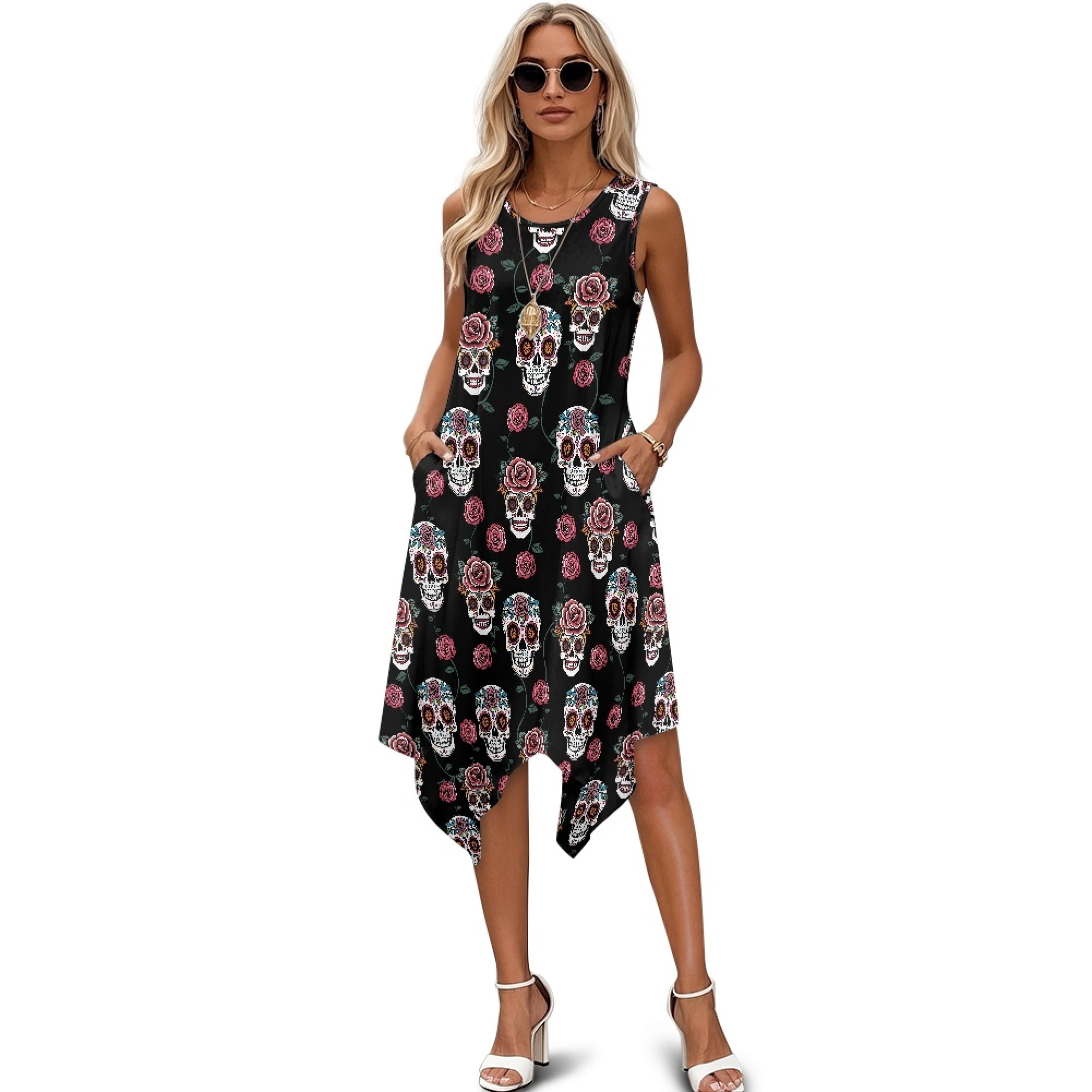 Binienty Round Neck Asymmetric Hem Midi Dress, Skull and Rose Pattern ...