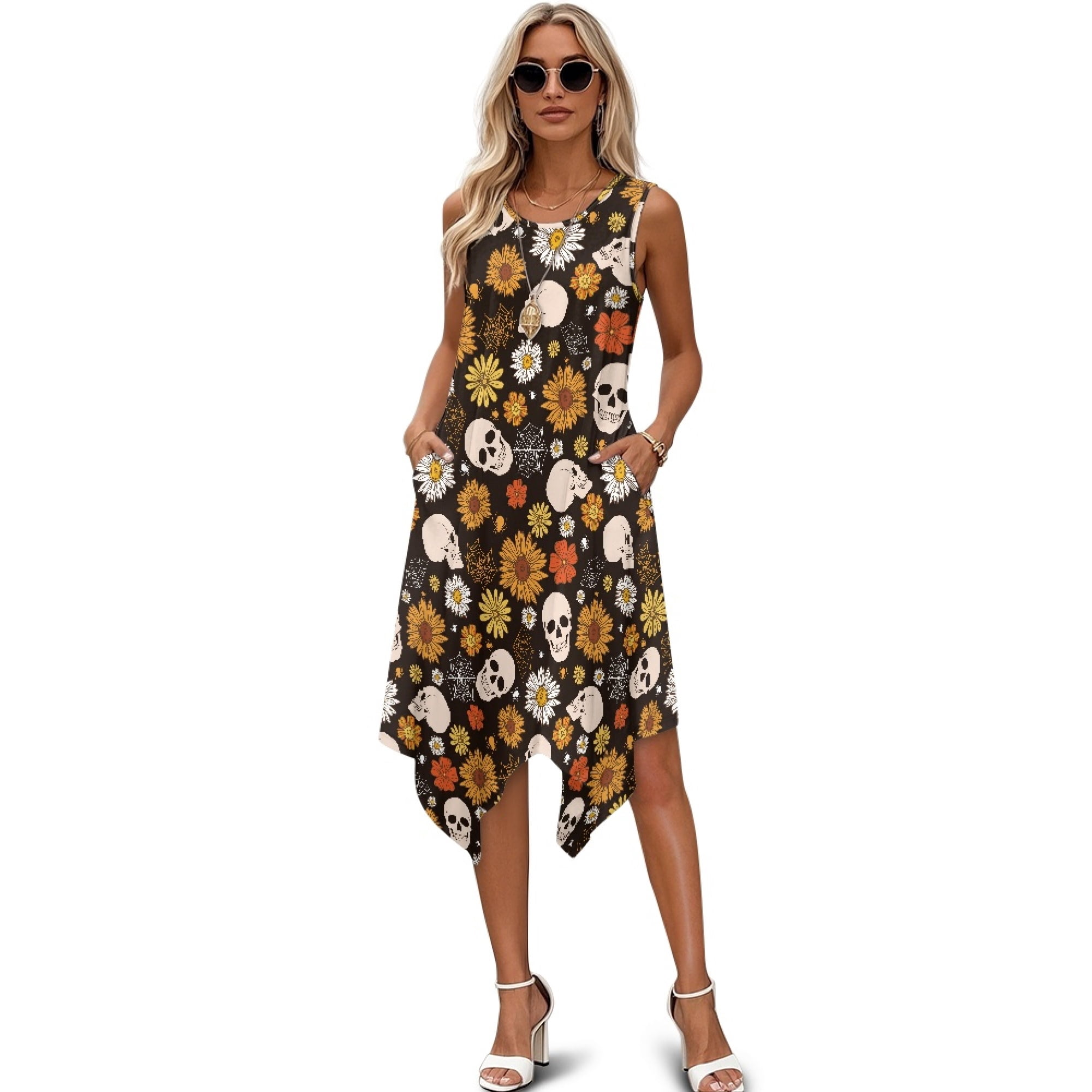 Binienty Round Neck Sleeveless Sundress, Skull Flower Web Women Round ...