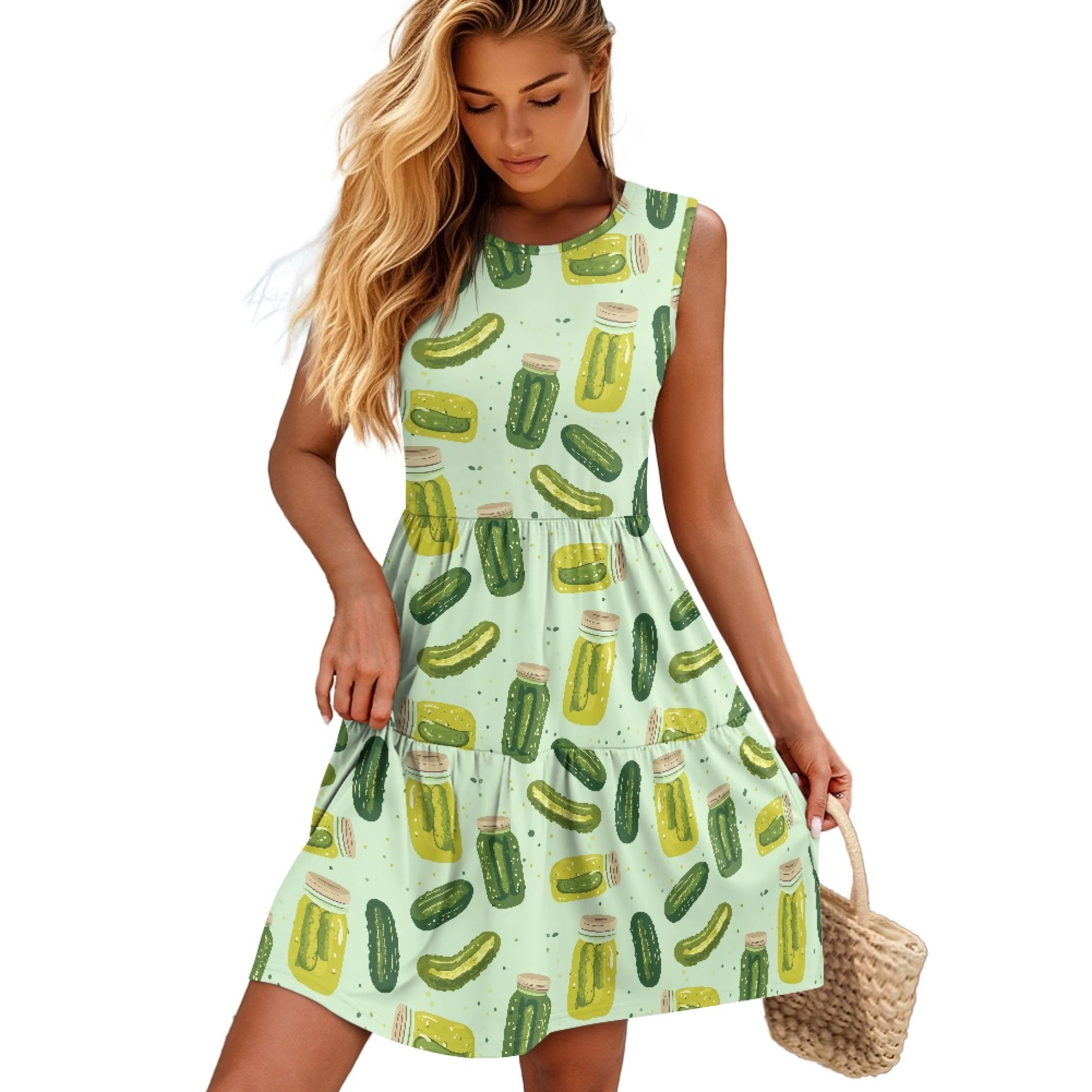 Binienty Ruffle Tank Mini Dress with Pickle Jar Pattern, Tiered Ruffle ...