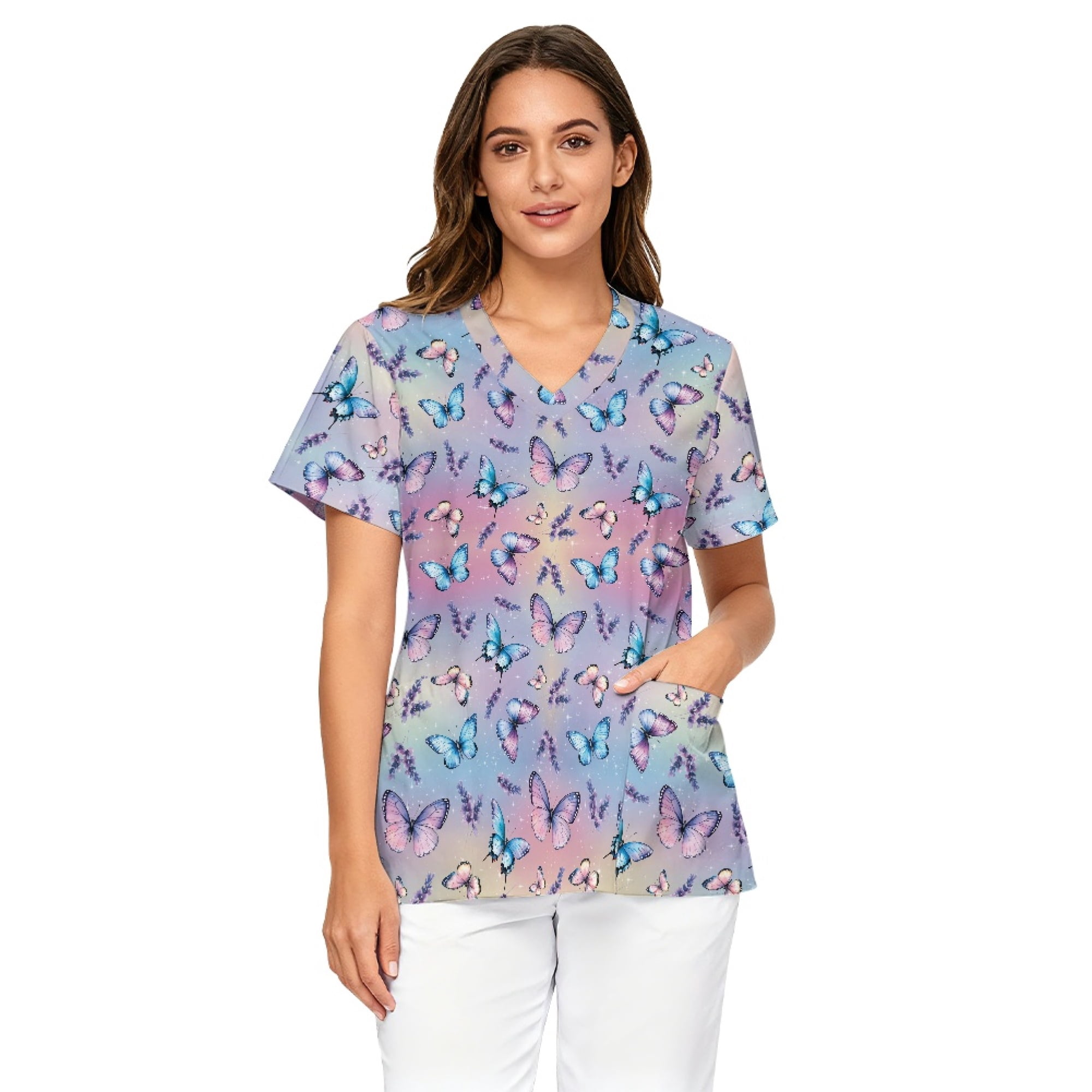 Binienty Scrub Top for Women with Butterfly Print, V Neck Nursing ...