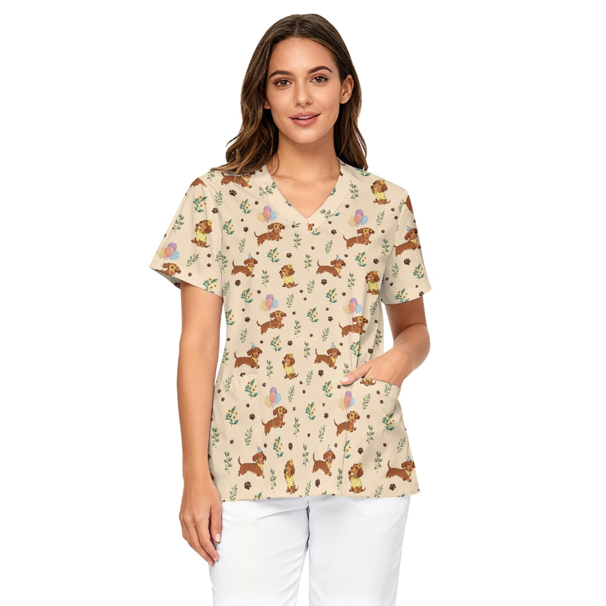 Binienty Scrub Top for Women with Dachshund Print, V Neck Medical ...