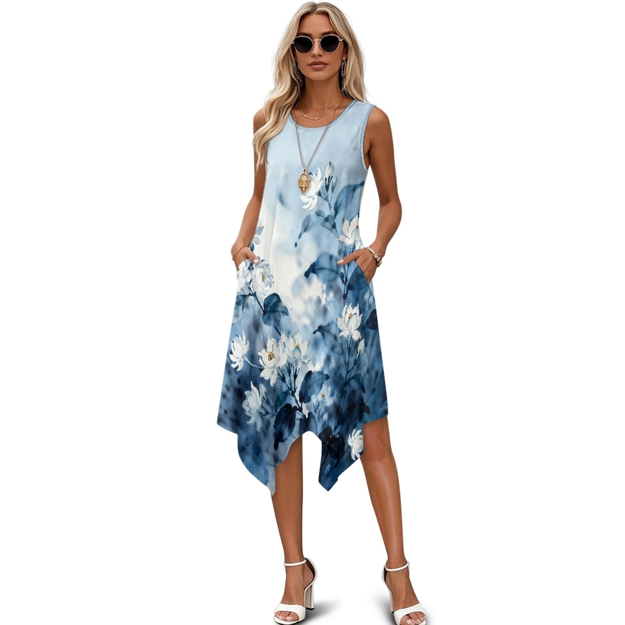 Binienty Side Pockets Ladies Irregular Hem Casual Dress, Blue Ink ...