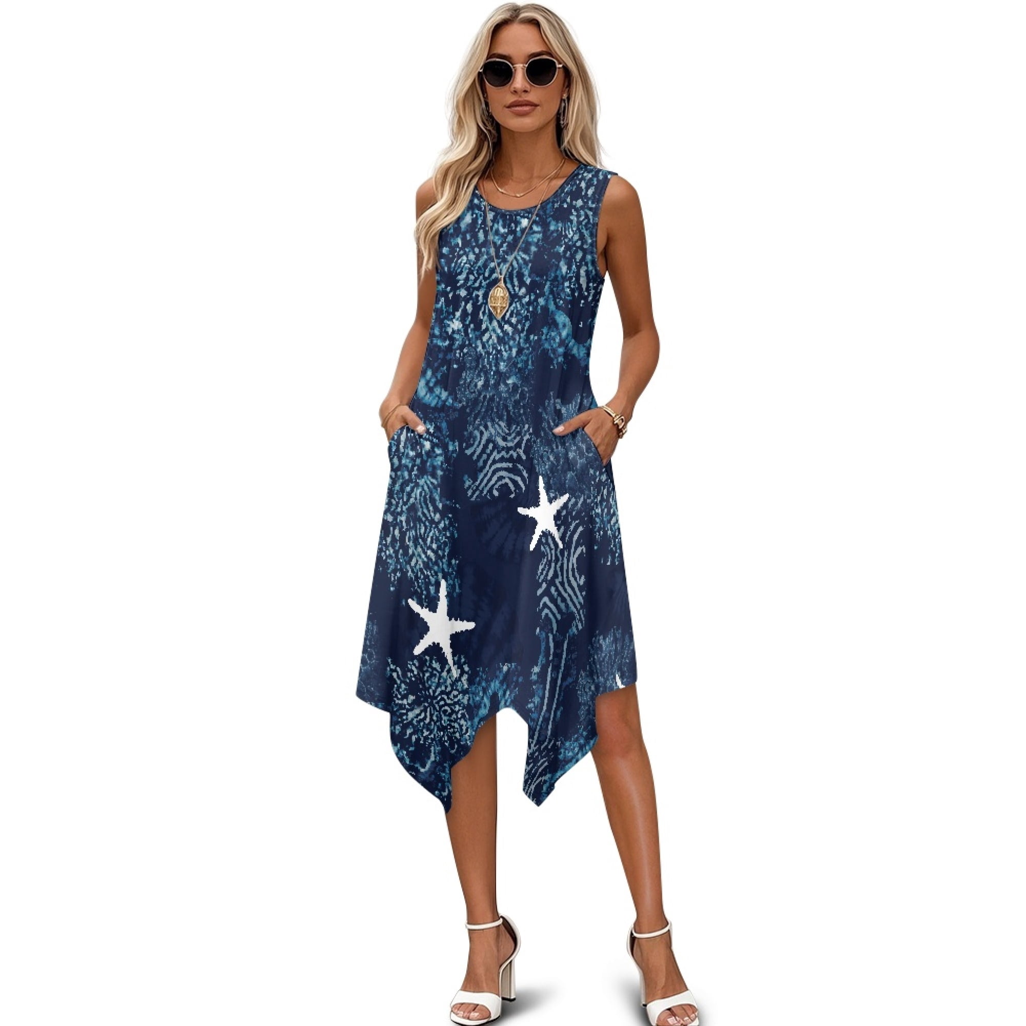 Binienty Side Pockets Ladies Irregular Hem Casual Dress, Blue Tie Dye ...