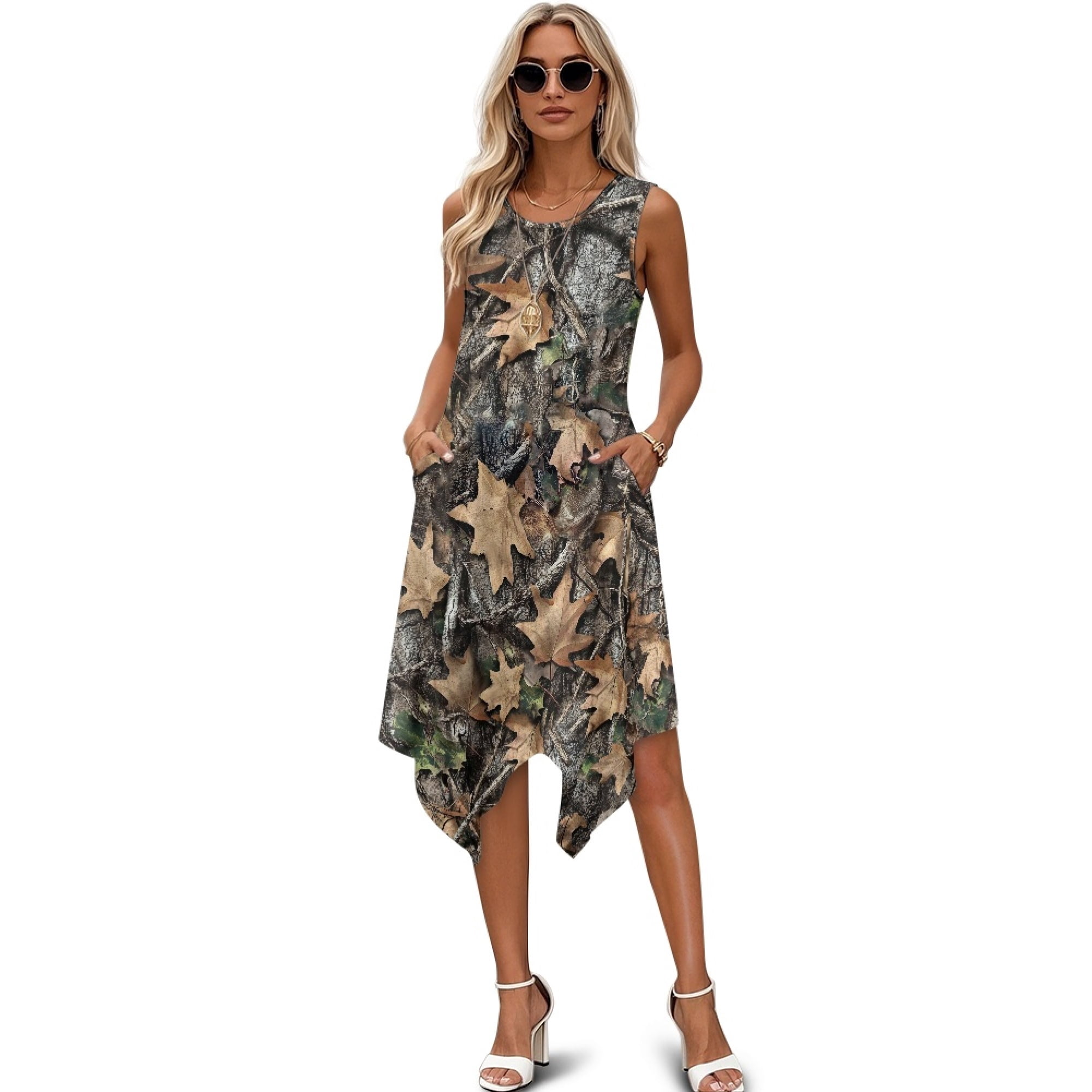 Binienty Side Pockets Ladies Irregular Hem Casual Dress, Camouflage ...