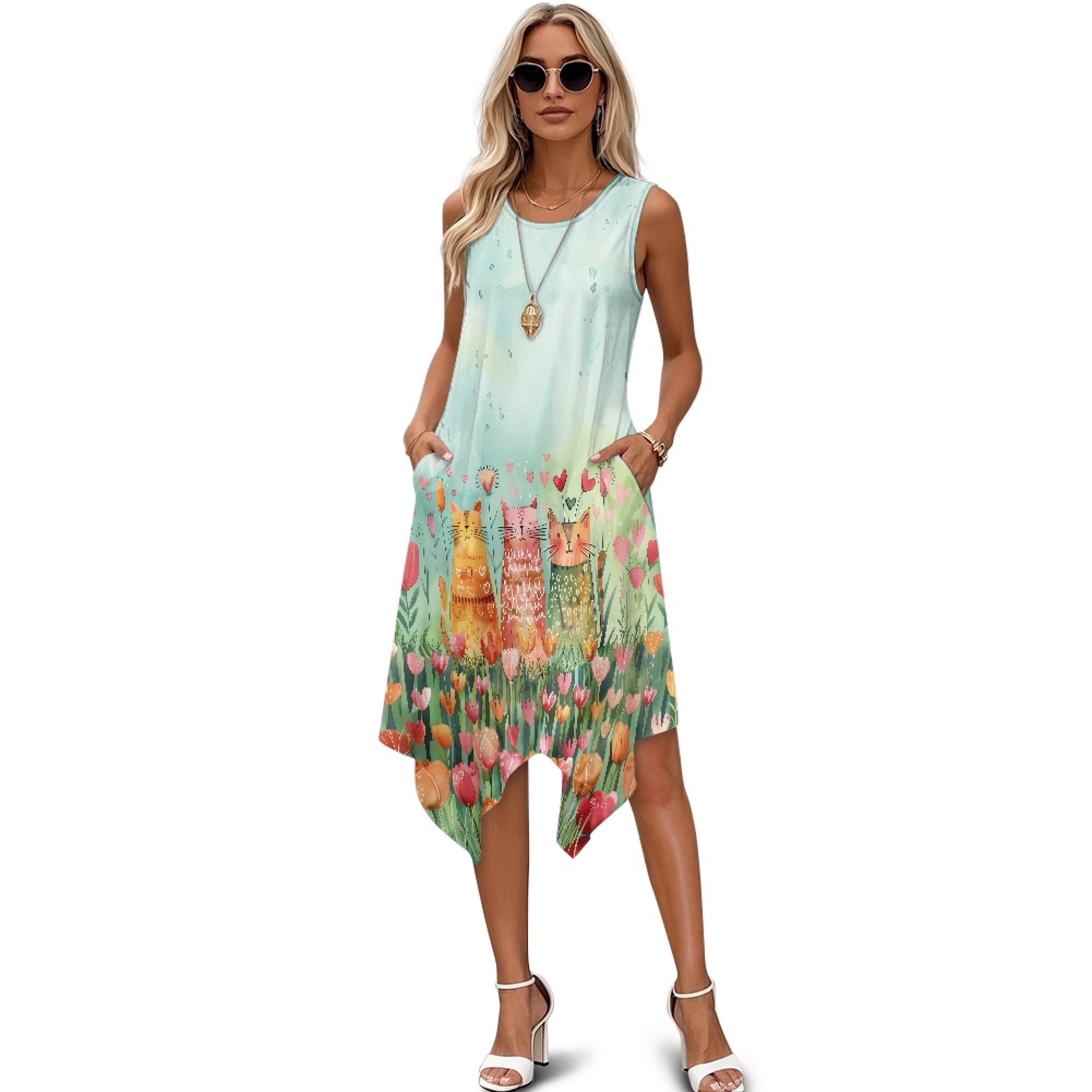 Binienty Side Pockets Ladies Irregular Hem Casual Dress, Garden Cats ...