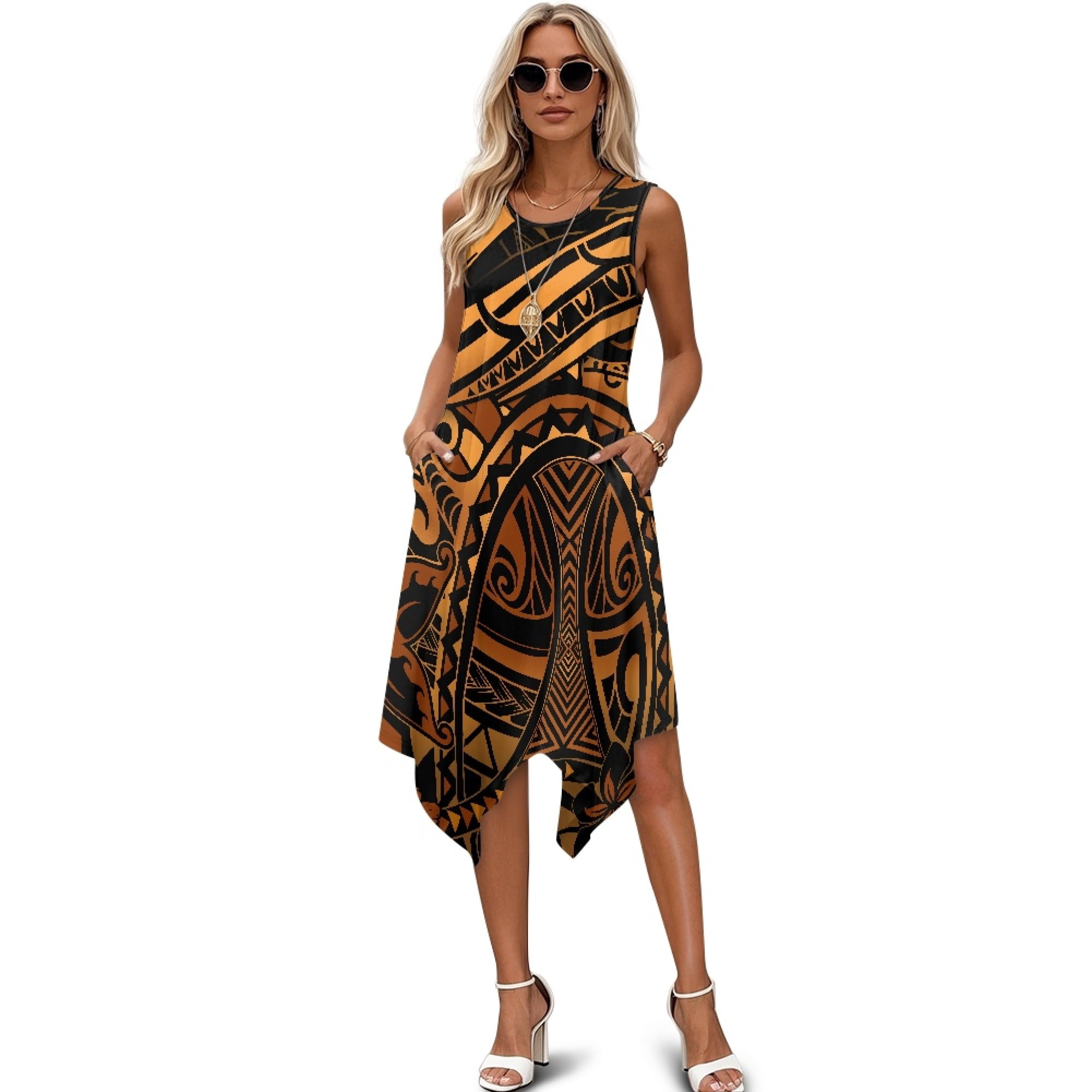 Binienty Side Pockets Ladies Irregular Hem Casual Dress, Geometric ...