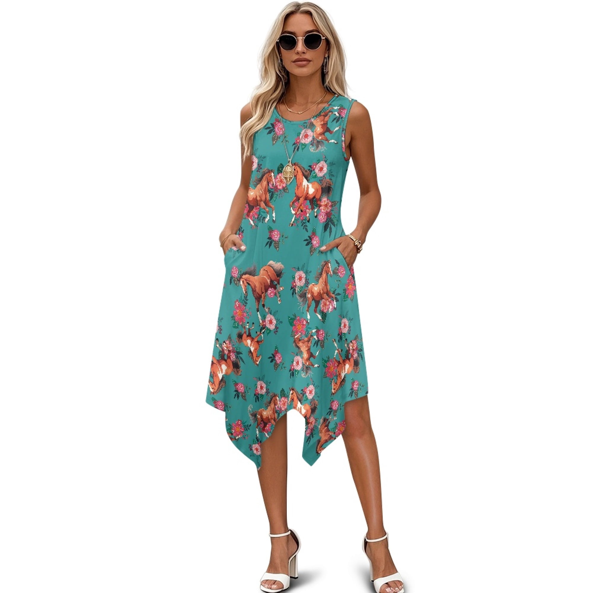 Binienty Side Pockets Ladies Irregular Hem Casual Dress, Horse Floral ...