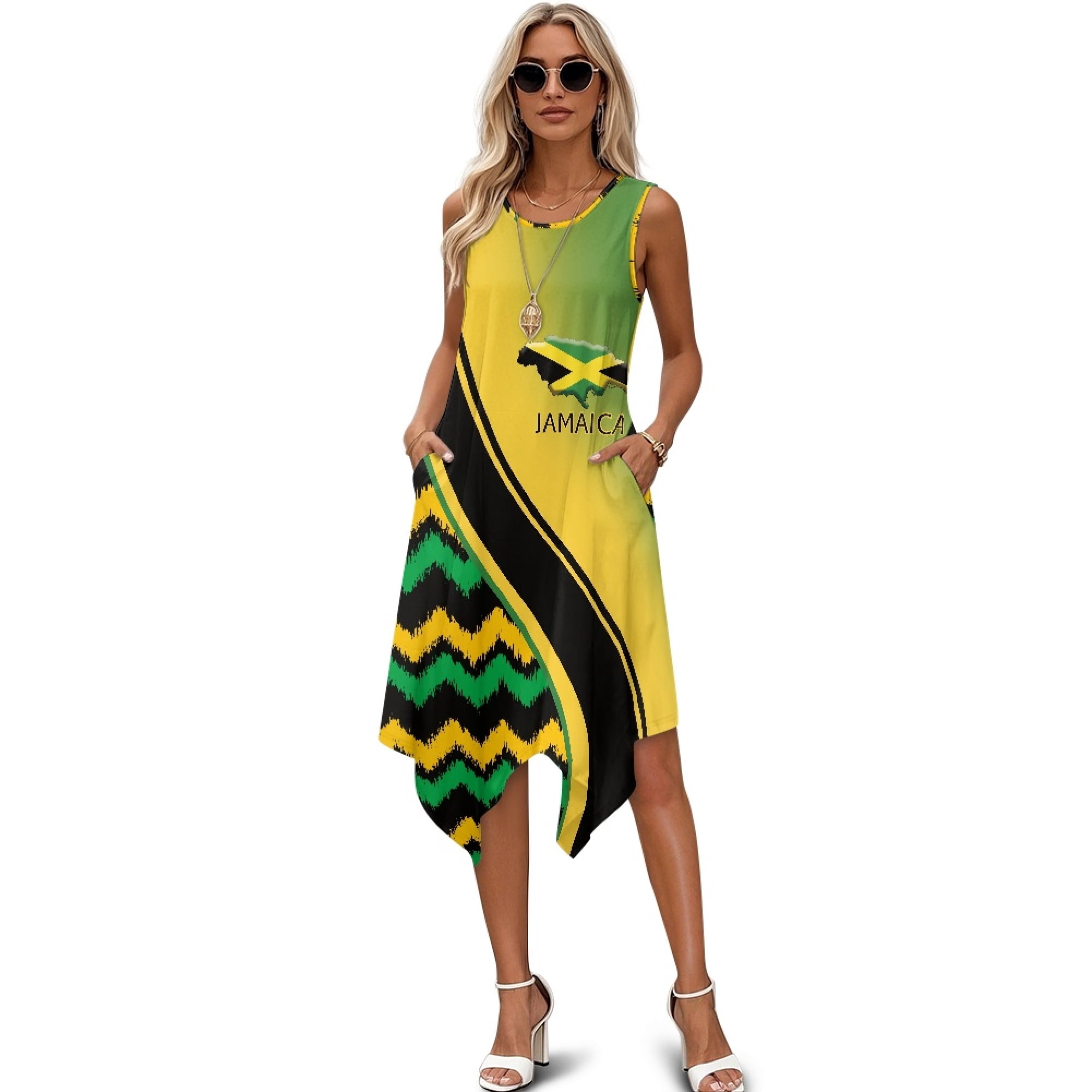 Binienty Side Pockets Ladies Irregular Hem Casual Dress, Jamaica Flag ...