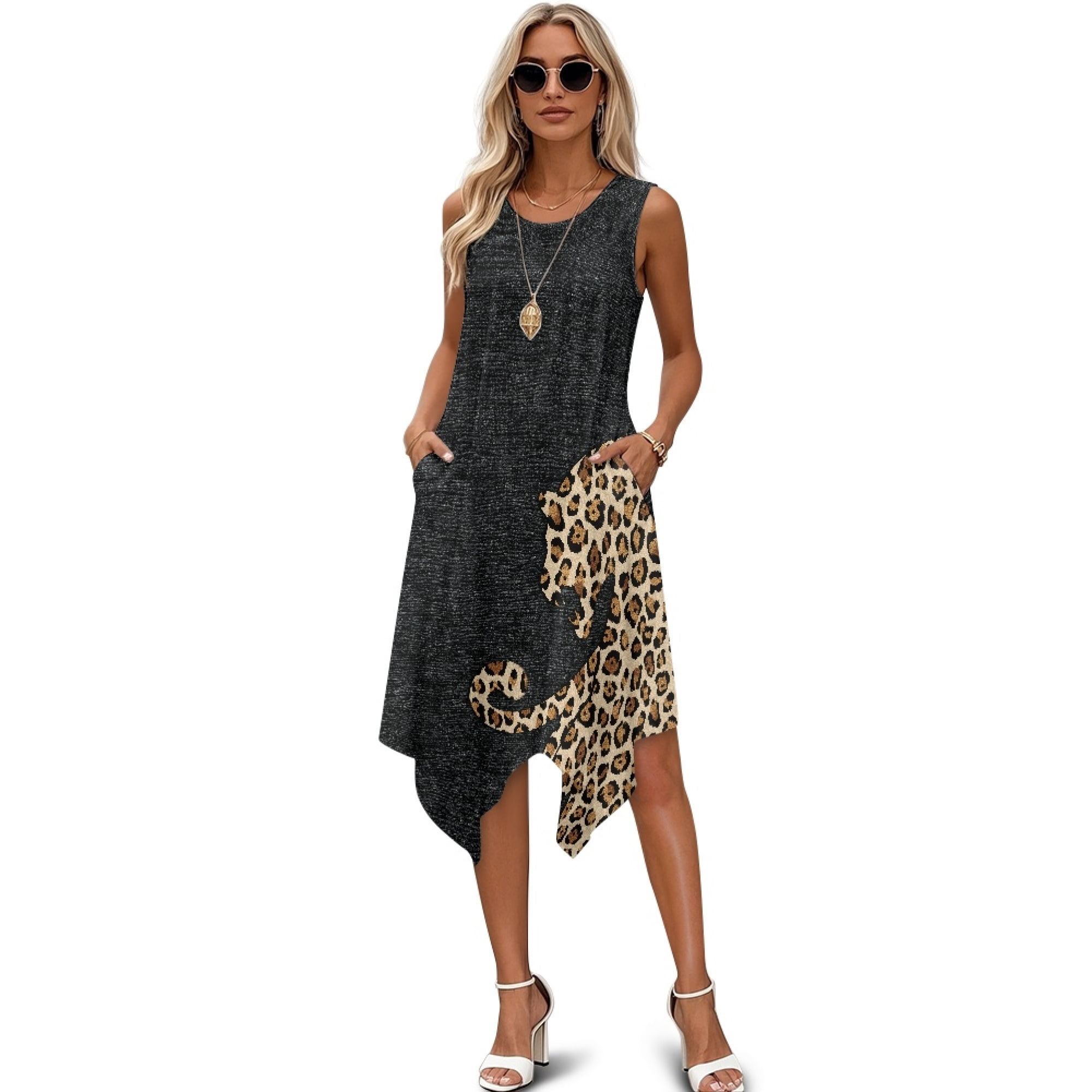 Binienty Side Pockets Ladies Irregular Hem Casual Dress, Leopard Print ...