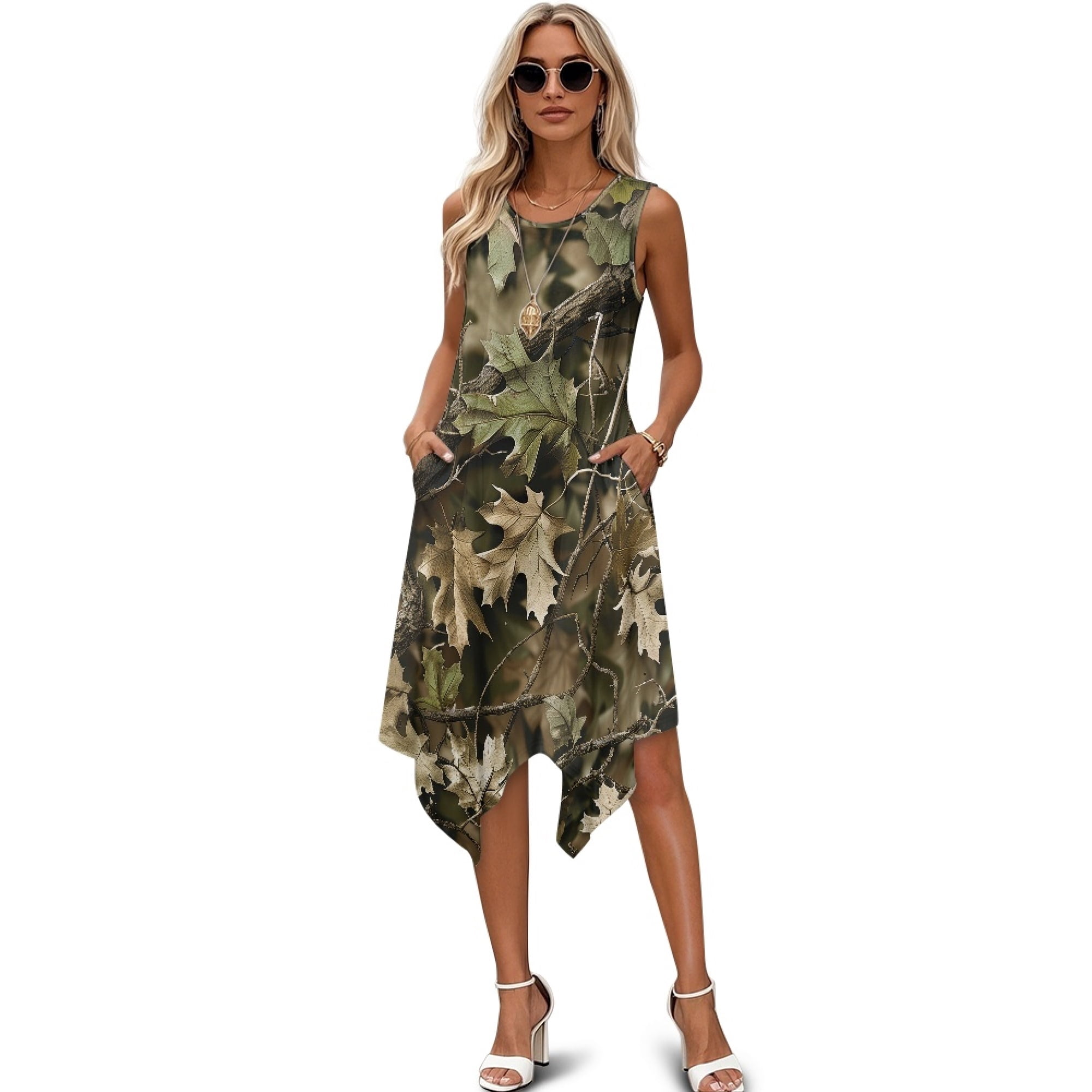 Binienty Side Pockets Ladies Irregular Hem Casual Dress, Maple Leaf ...