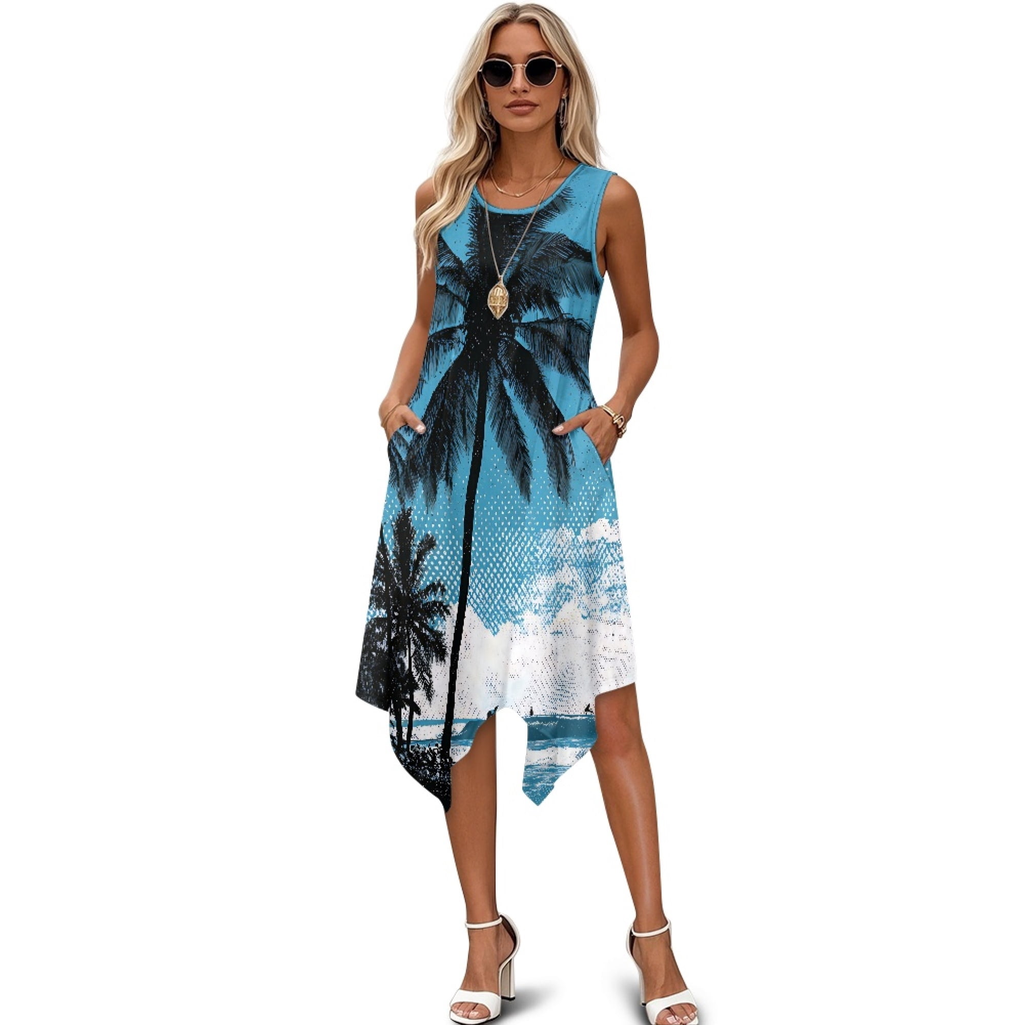 Binienty Side Pockets Ladies Irregular Hem Casual Dress, Ocean Palm ...