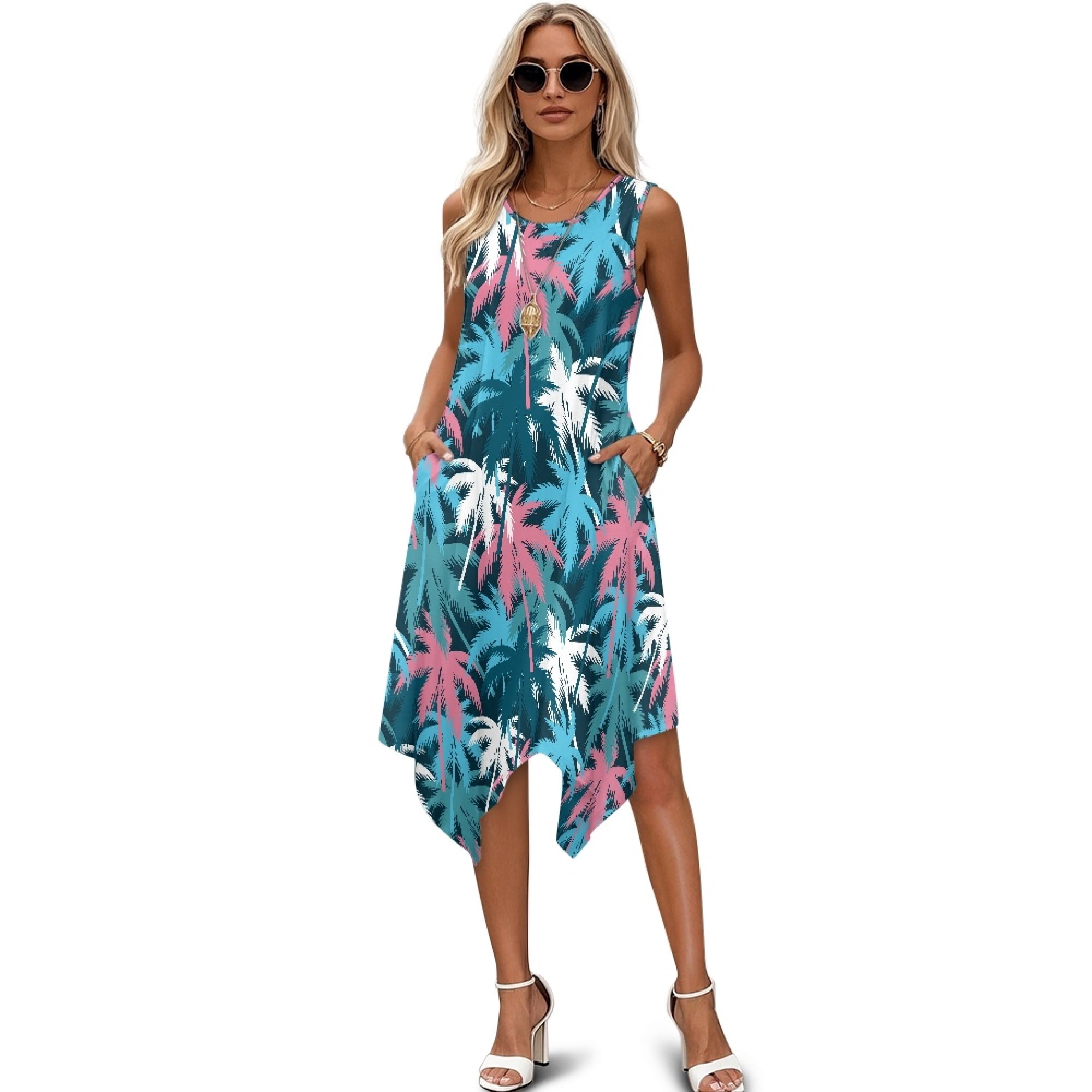 Binienty Side Pockets Ladies Irregular Hem Casual Dress, Palm Tree ...