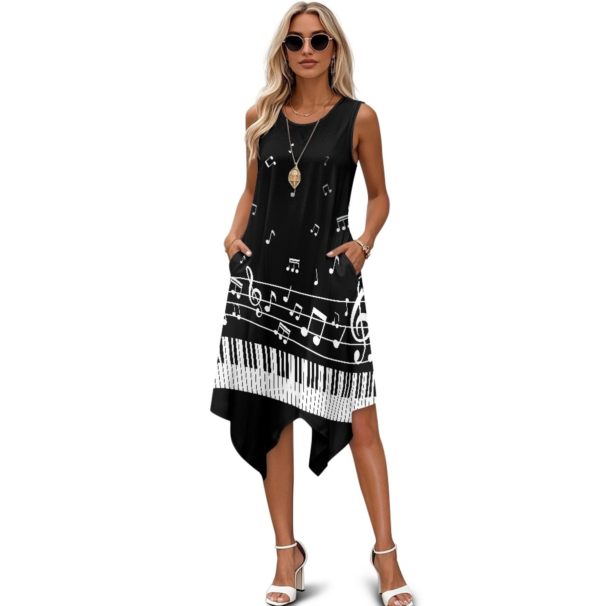 Binienty Side Pockets Ladies Irregular Hem Casual Dress, Piano Music ...