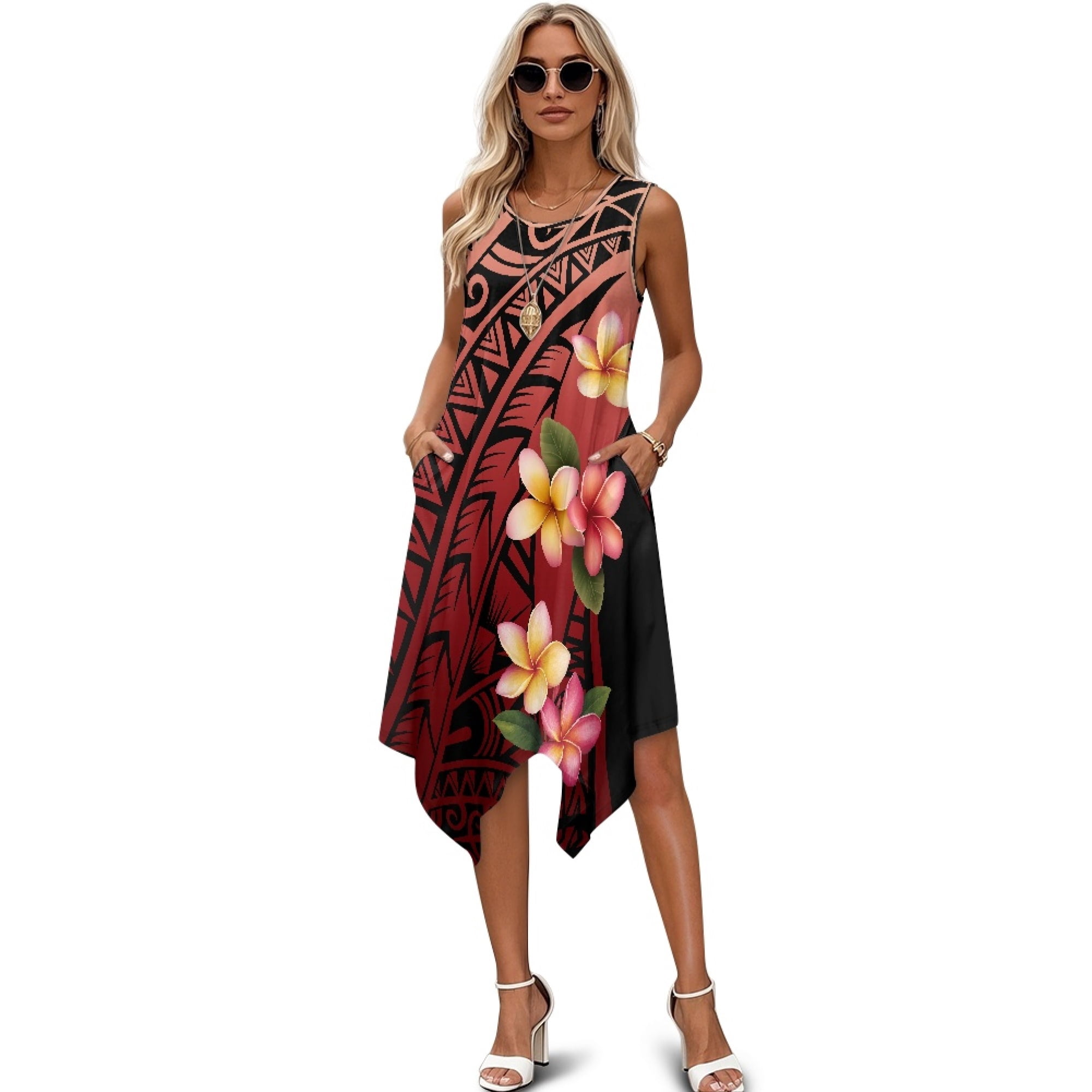 Binienty Side Pockets Ladies Irregular Hem Casual Dress, Plumeria ...