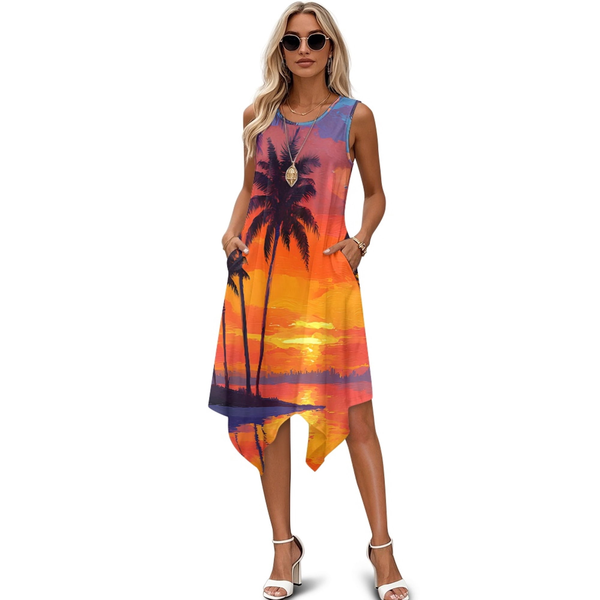 Binienty Side Pockets Ladies Irregular Hem Casual Dress, Sunset Palm ...